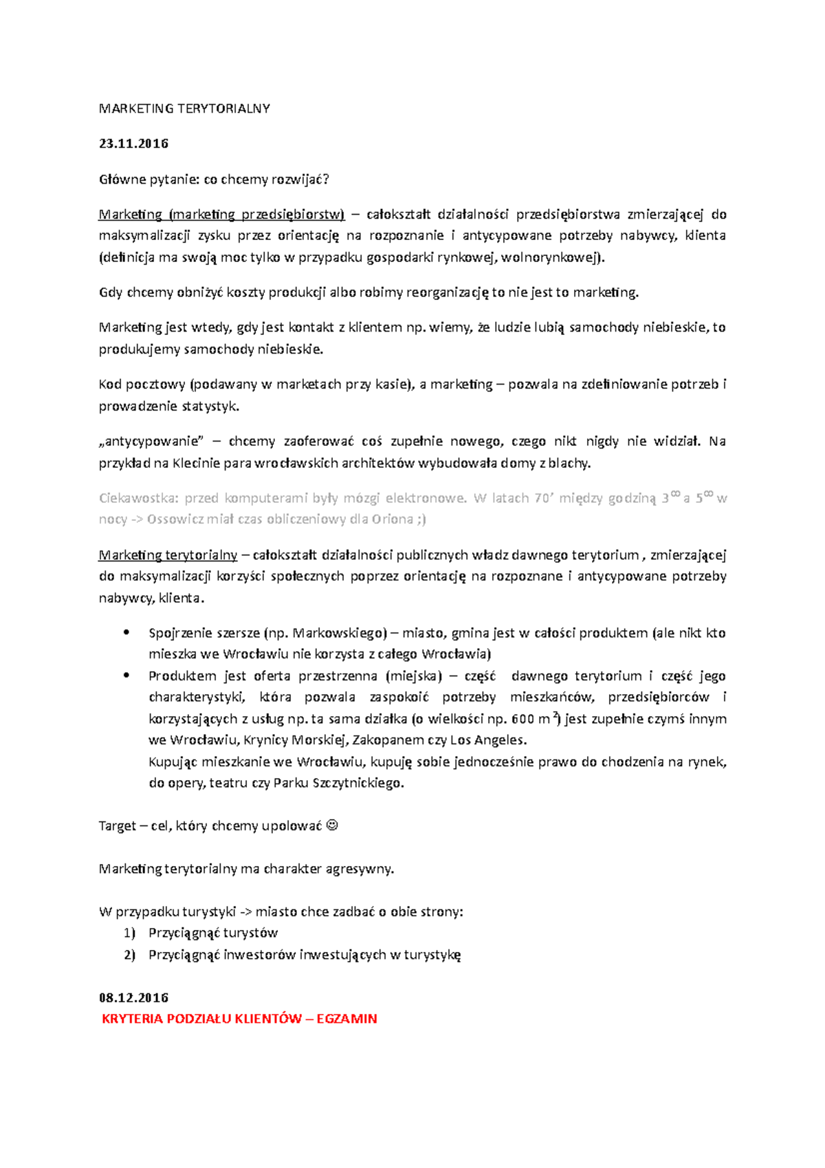 Marketing Terytorialny - MARKETING TERYTORIALNY 23.11 pytanie: co chcemy Marketing (marketing do ...