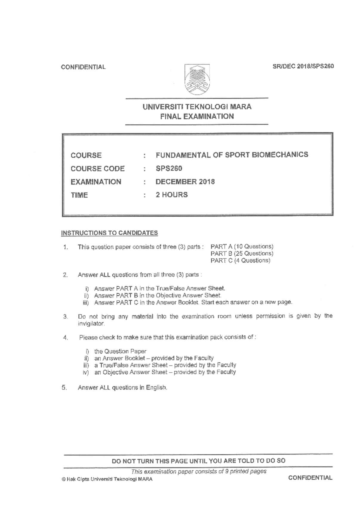 Answer Final Exam SPS260 (2019 Session 1) - (TRUE) (TRUE) (TRUE) (TRUE ...
