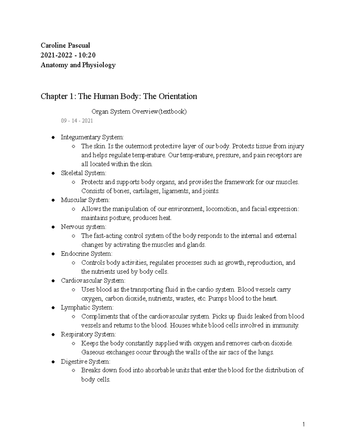Anatomy and Physiology Notes S1 - Caroline Pascual 2021-2022 - 10 ...