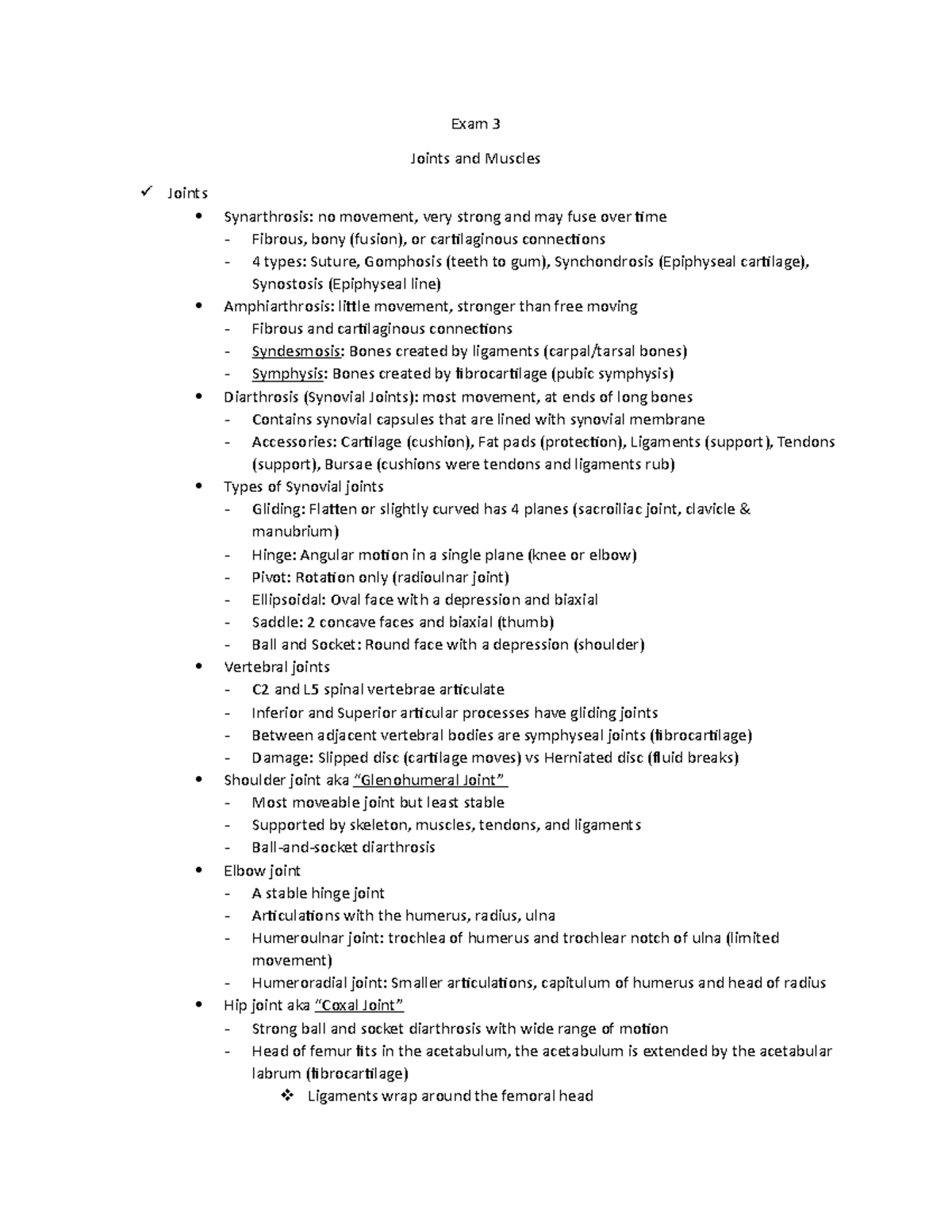 Exam 3 - Outlines for all notes for test 3 - Exam 3 Joints and Muscles ...