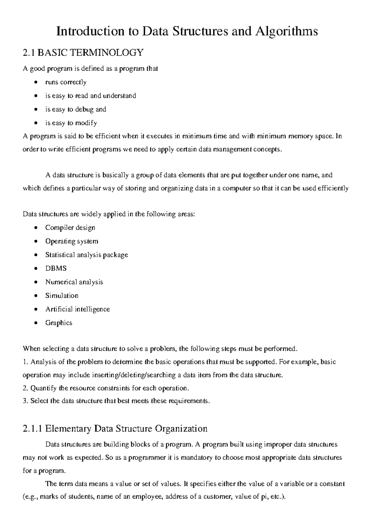 Ds Using C Notes Introduction To Data Structures And Algorithms 2