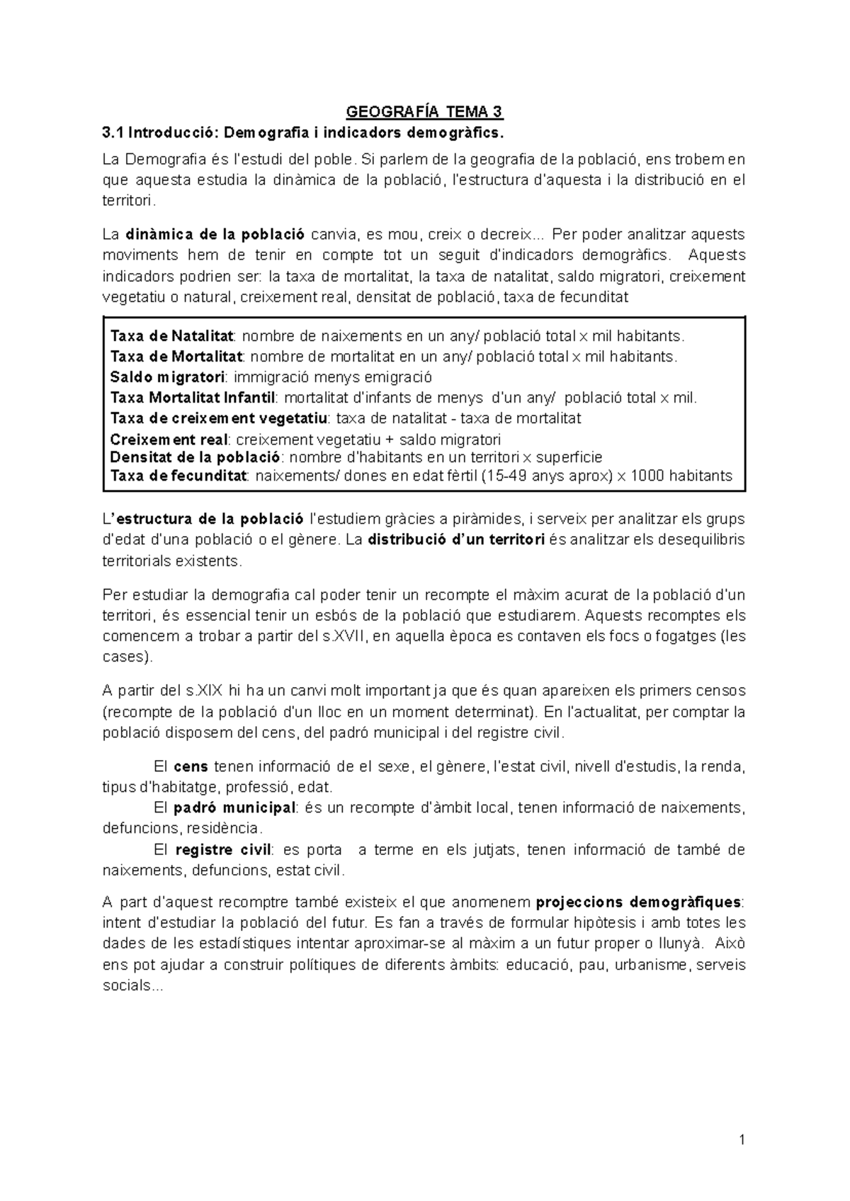 Geografía TEMA 3 - geo tema 3 - GEOGRAFÍA TEMA 3 3 Introducció: Demografia i indicadors ...