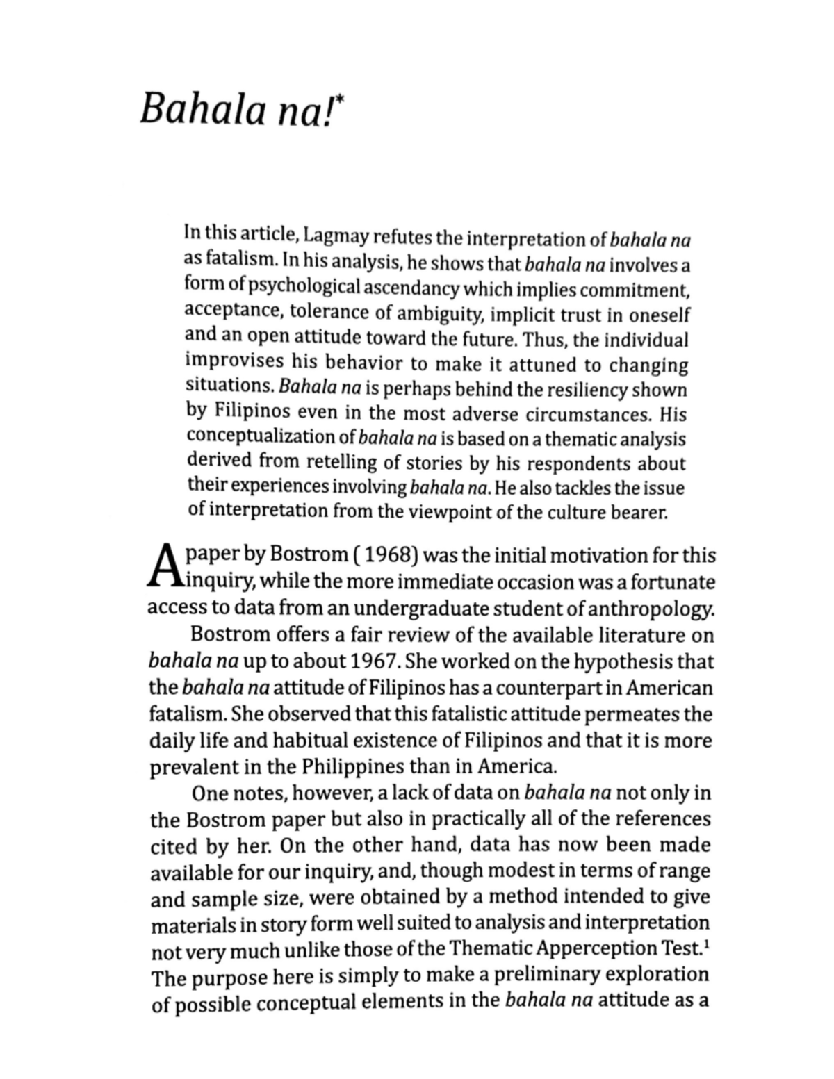 Bahala Na! document for Filipino Psychology- 3rd year - Studocu