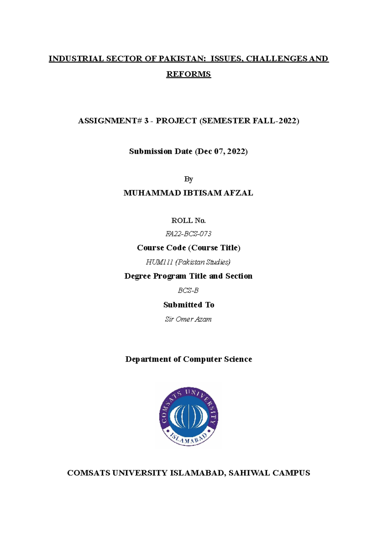 Pak Studies Assignment# 3 (Project) - INDUSTRIAL SECTOR OF PAKISTAN ...