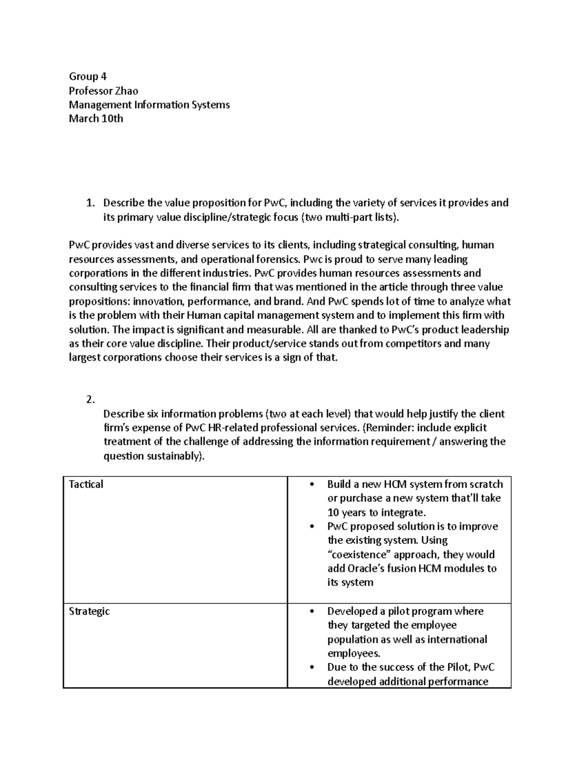 PWC Case study Management Information Systems - Group 4 Professor Zhao ...