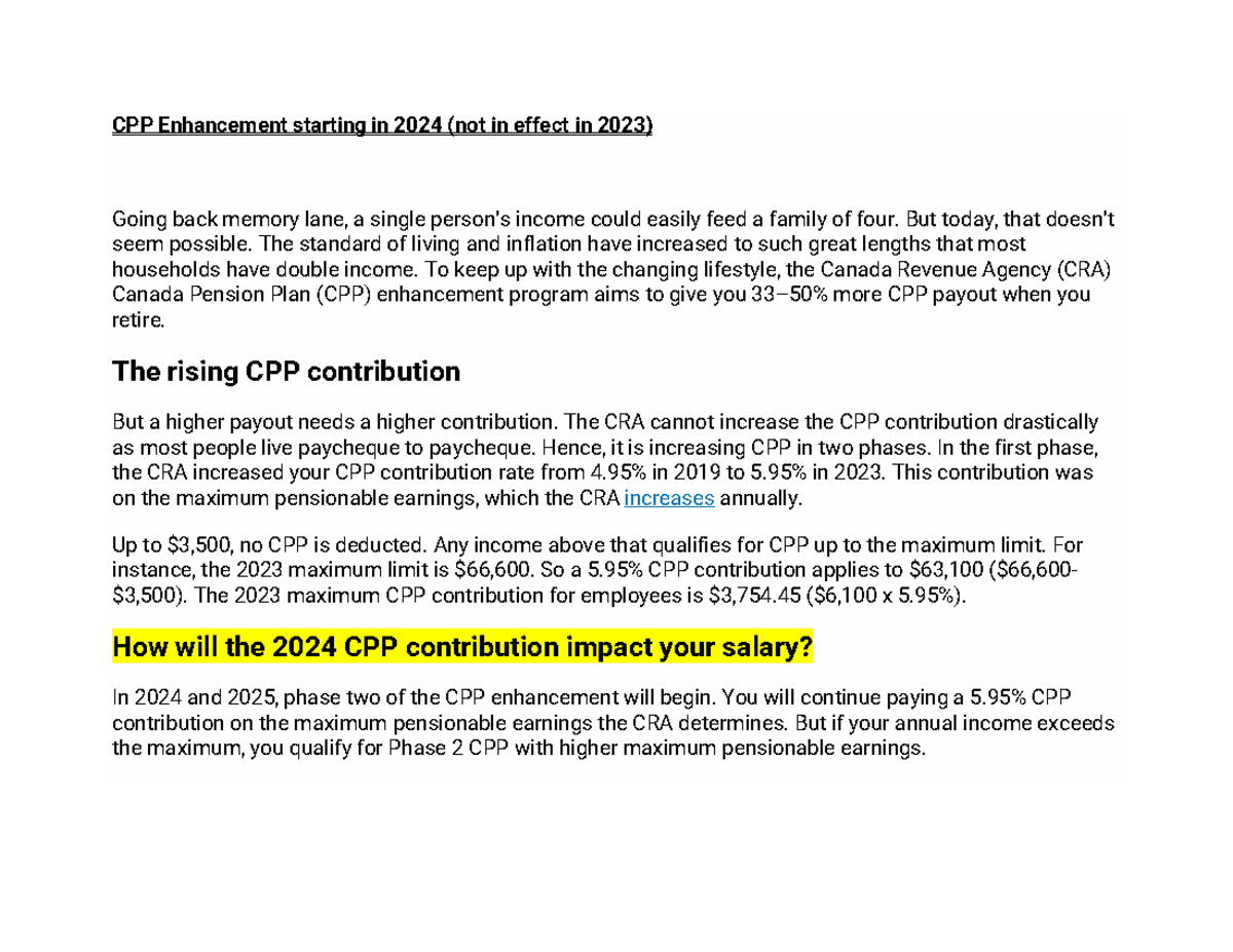 CPP Enhancement Summary starting in 2024 - CPP Enhancement starting in 2024 (not in effect in ...