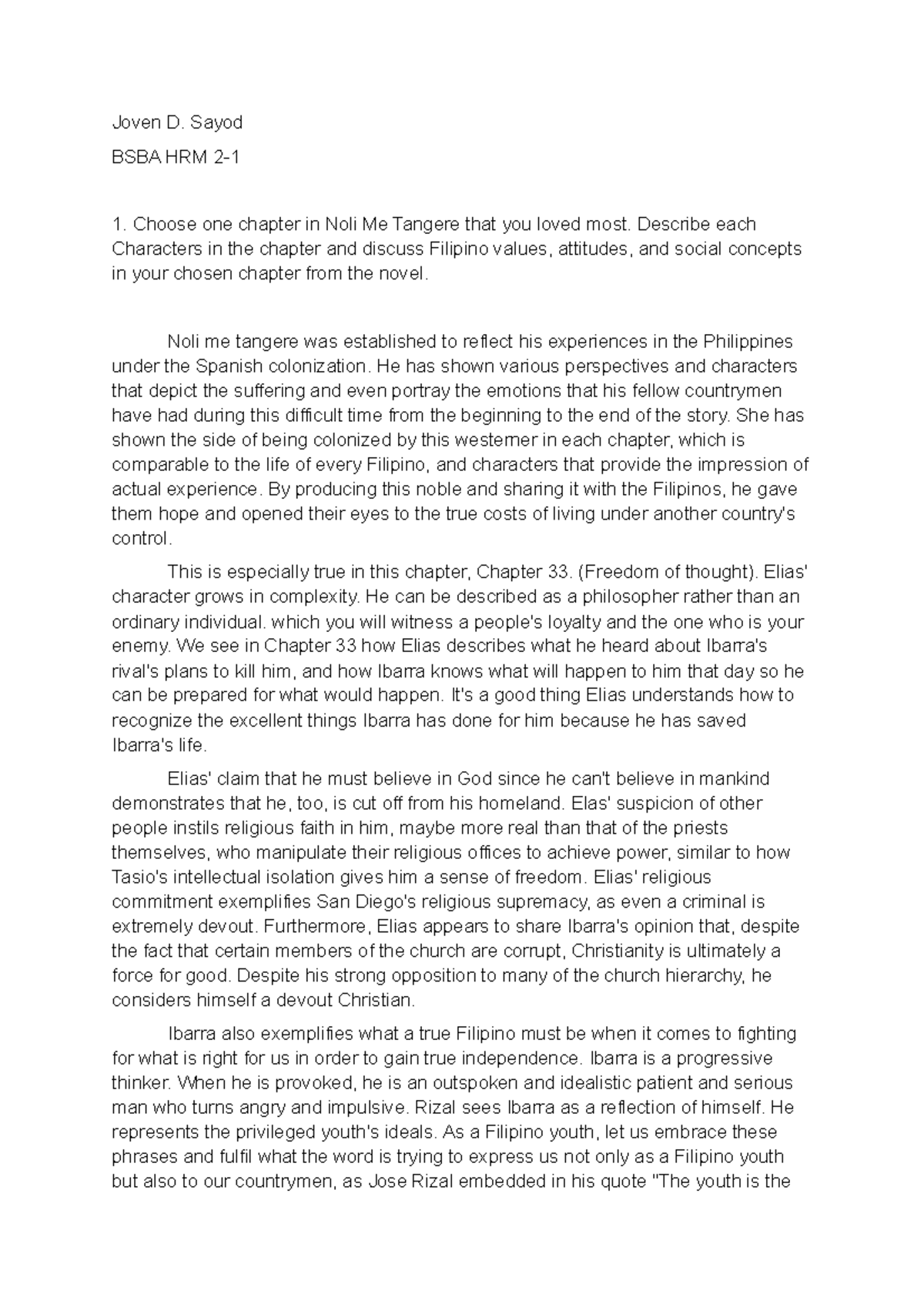 Act. 5 Rizal's work Sayod BSBA 2-1 - Joven D. Sayod BSBA HRM 2- Choose ...