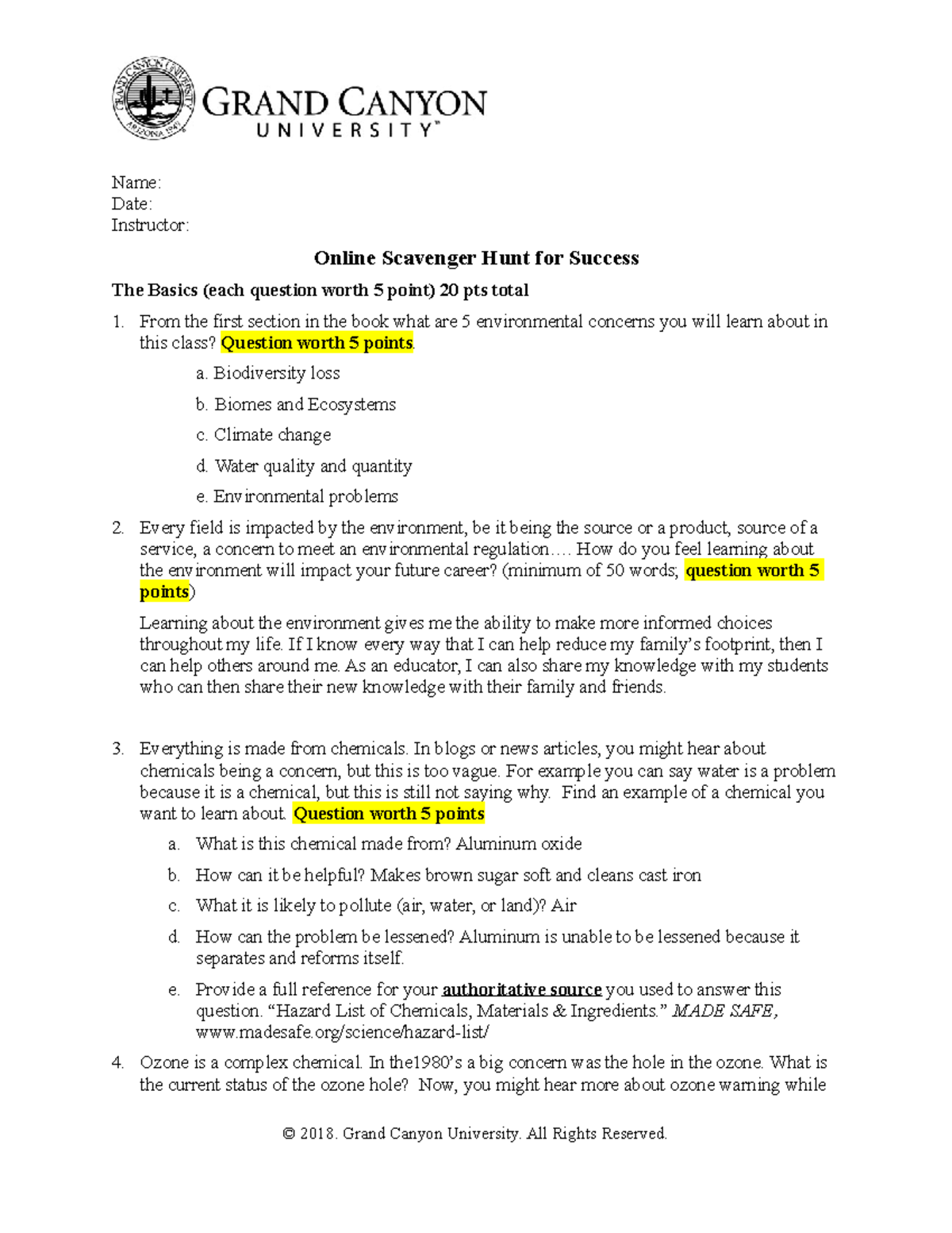 BIO-220 Self Online Scavenger Hunt For Success Resource - Name: Date ...