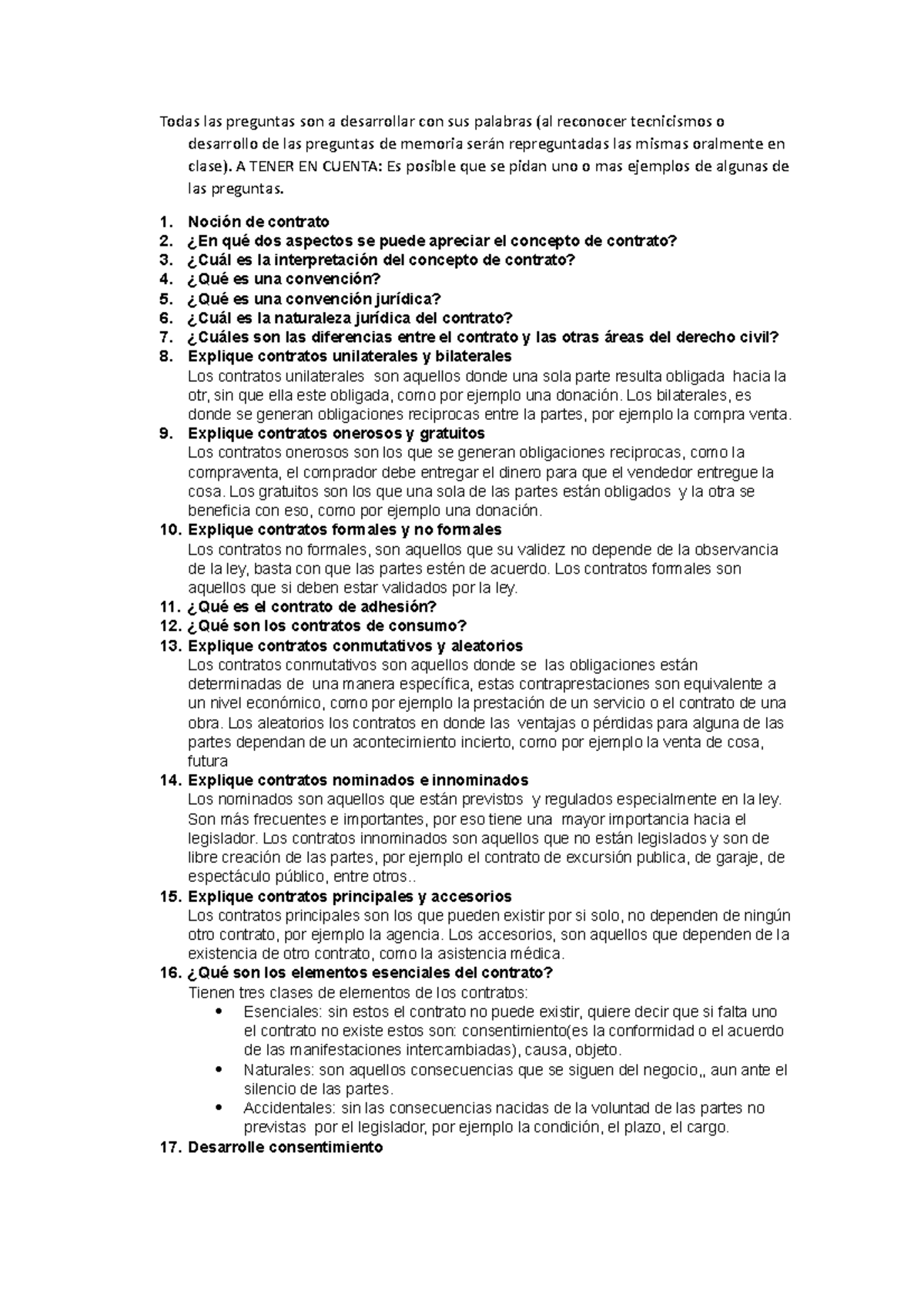 GUIA DE Preguntas, 1ER Parcial, Contratos - Todas las preguntas son a desarrollar con sus ...