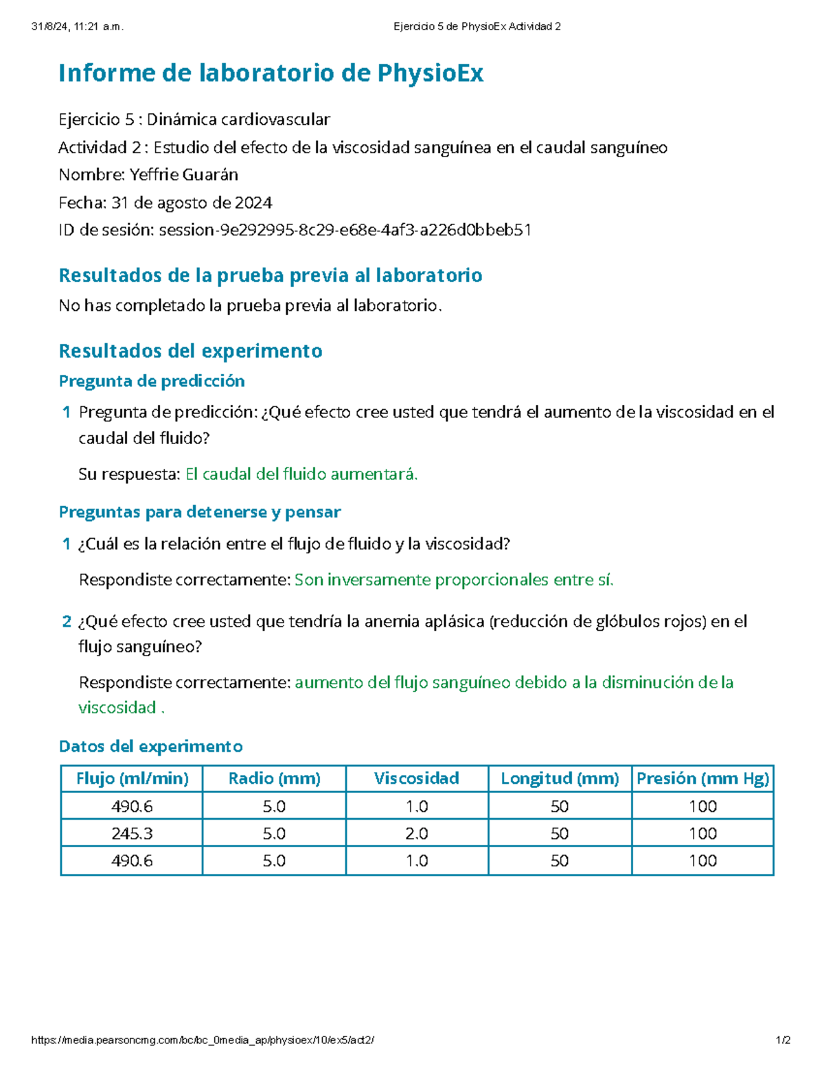Ejercicio 5 de Physio Ex Actividad 2 - Informe de laboratorio de PhysioEx Ejercicio 5 : Dinámica ...