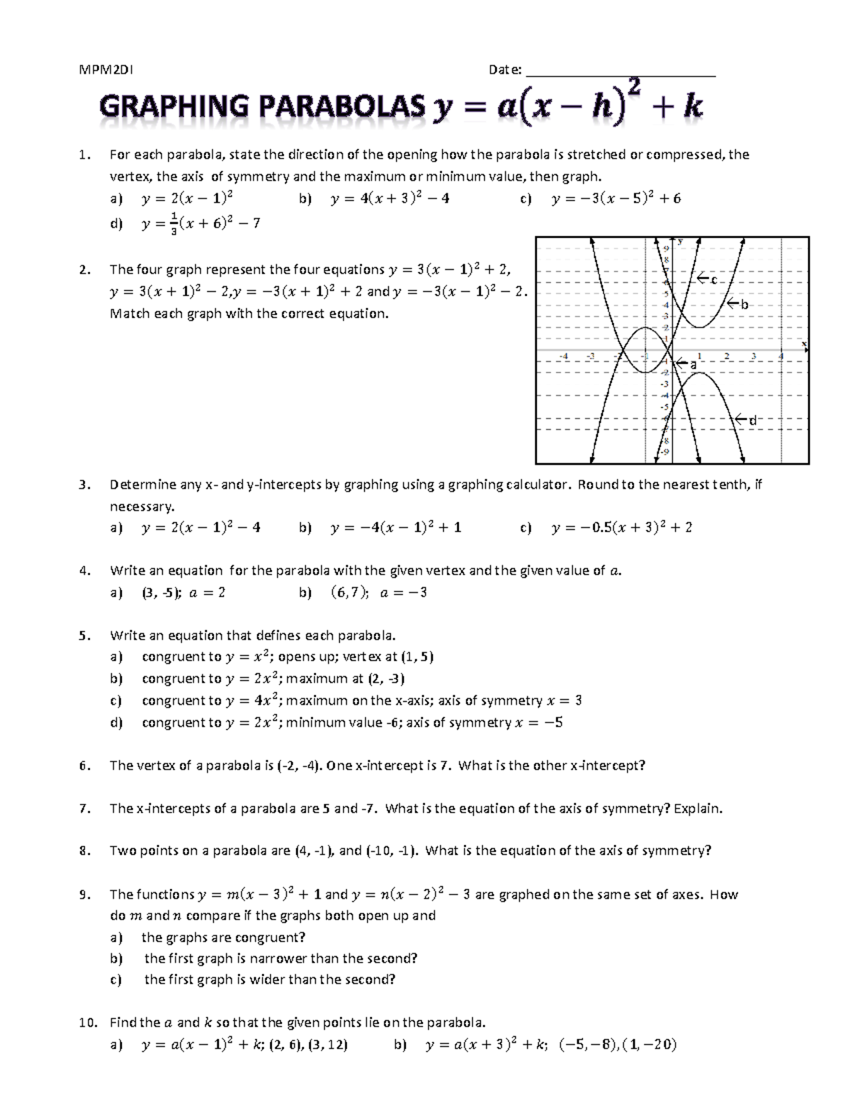 4.5 Worksheet - Graphing y=a(x-h)^2+k - MPM2DI Date ...