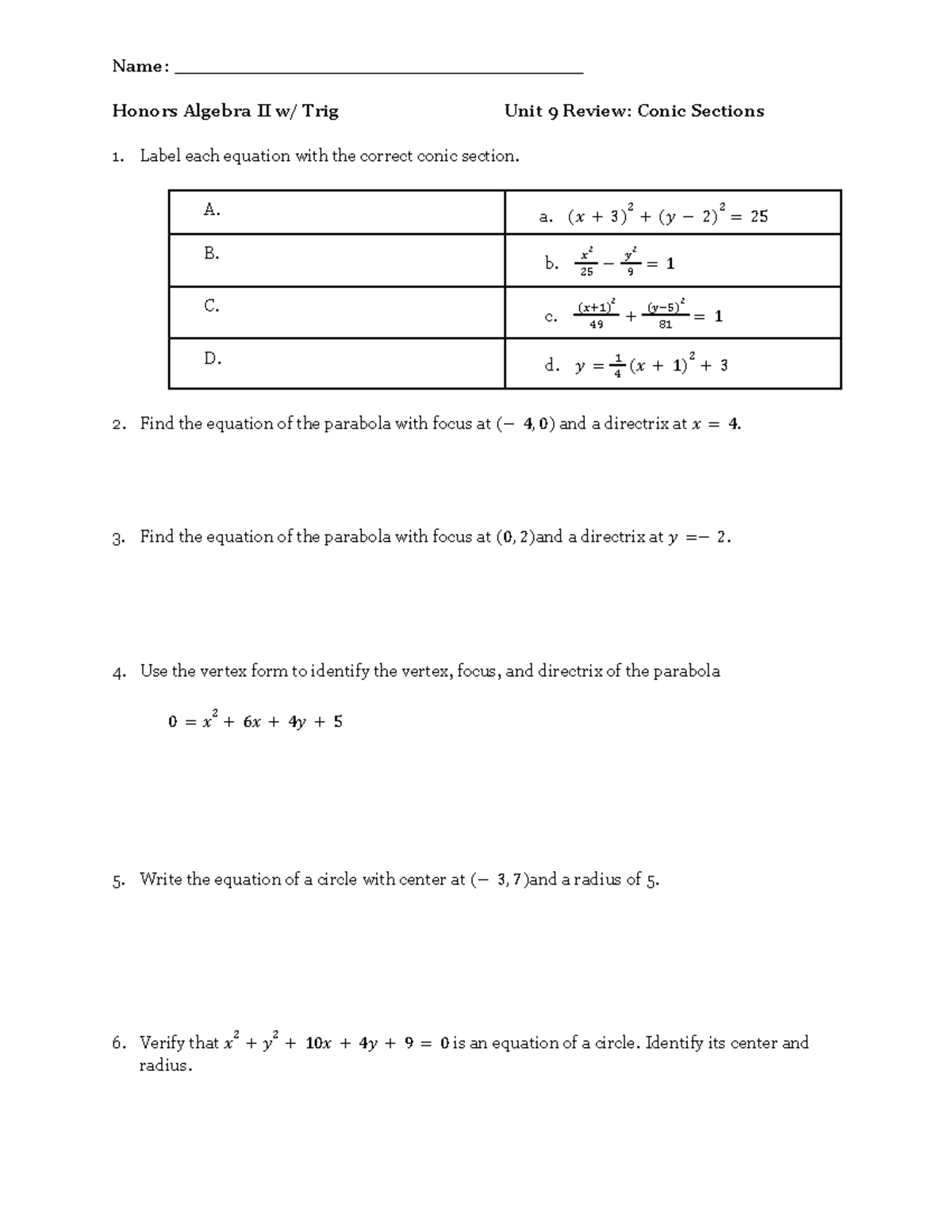 Unit 9 Review - alg - Name: __________________________________ Honors ...