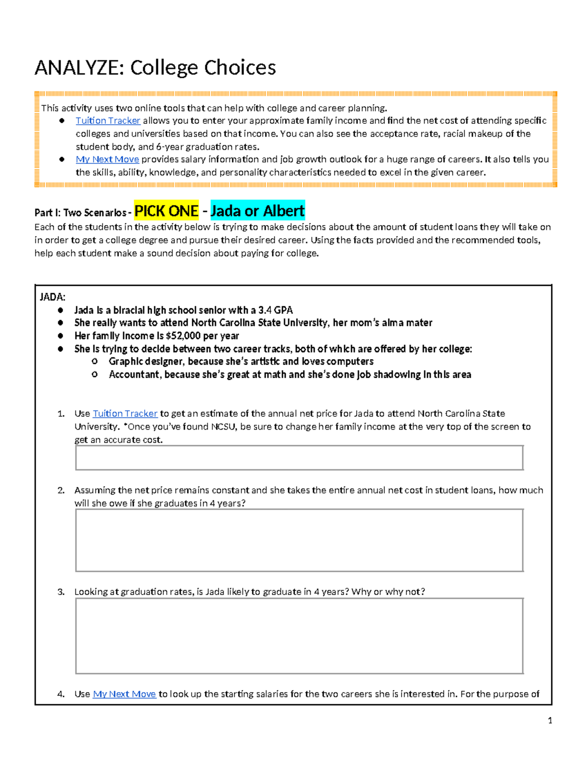 Analyze College Choices - ANALYZE: College Choices This activity uses ...