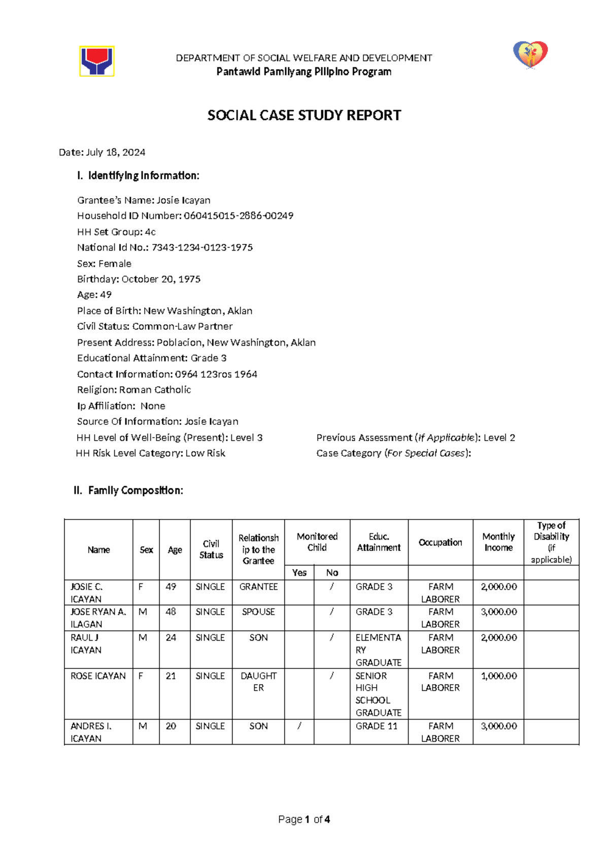 Case Study of Level 3 Households - Pantawid Pamilyang Pilipino Program SOCIAL CASE STUDY REPORT ...