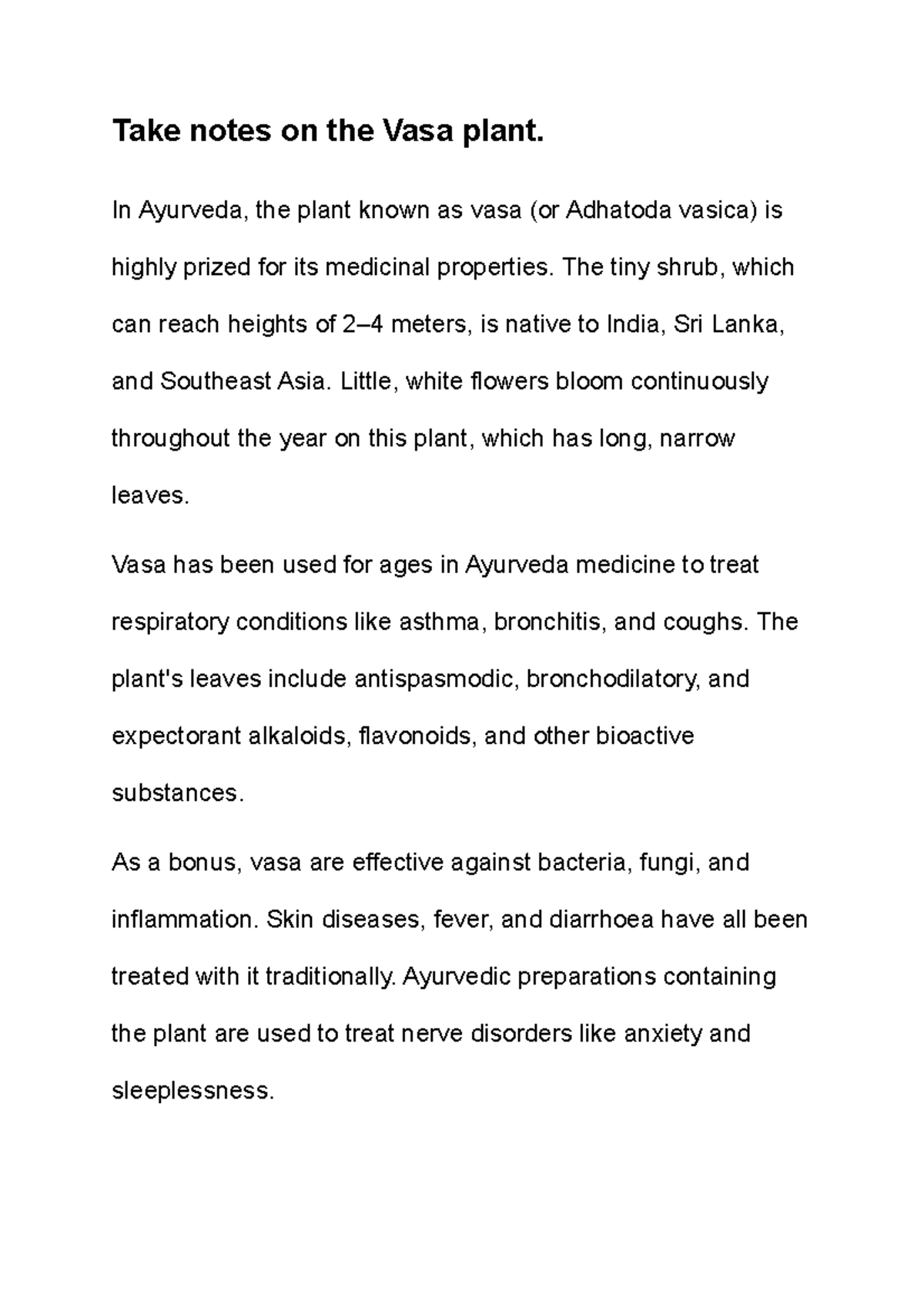 Take notes on the Vasa plant - In Ayurveda, the plant known as vasa (or ...