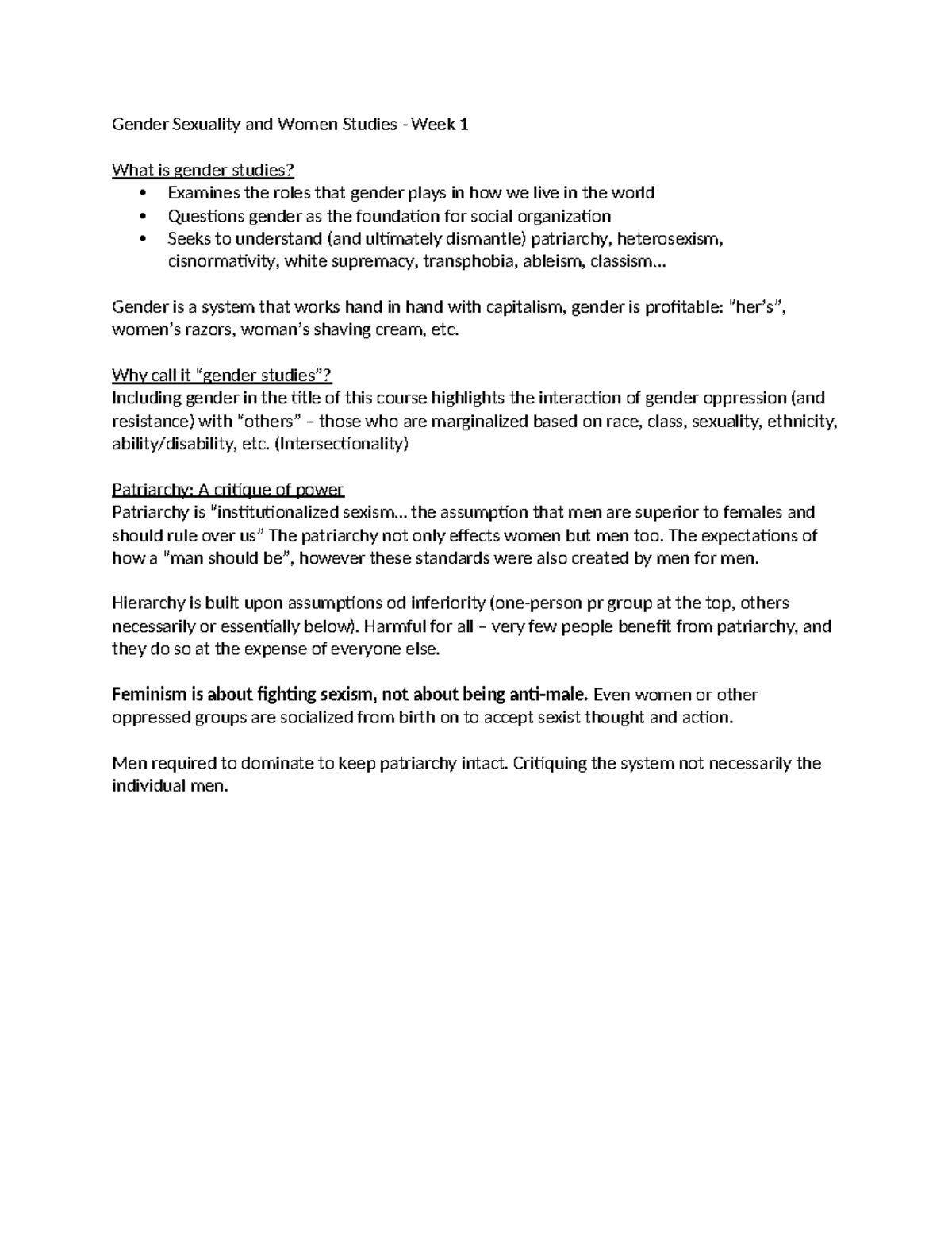 GSWS Lecture Notes - Gender Sexuality and Women Studies - Week 1 What ... GSWS Lecture Notes - Gender Sexuality and Women Studies - Week 1 What ...