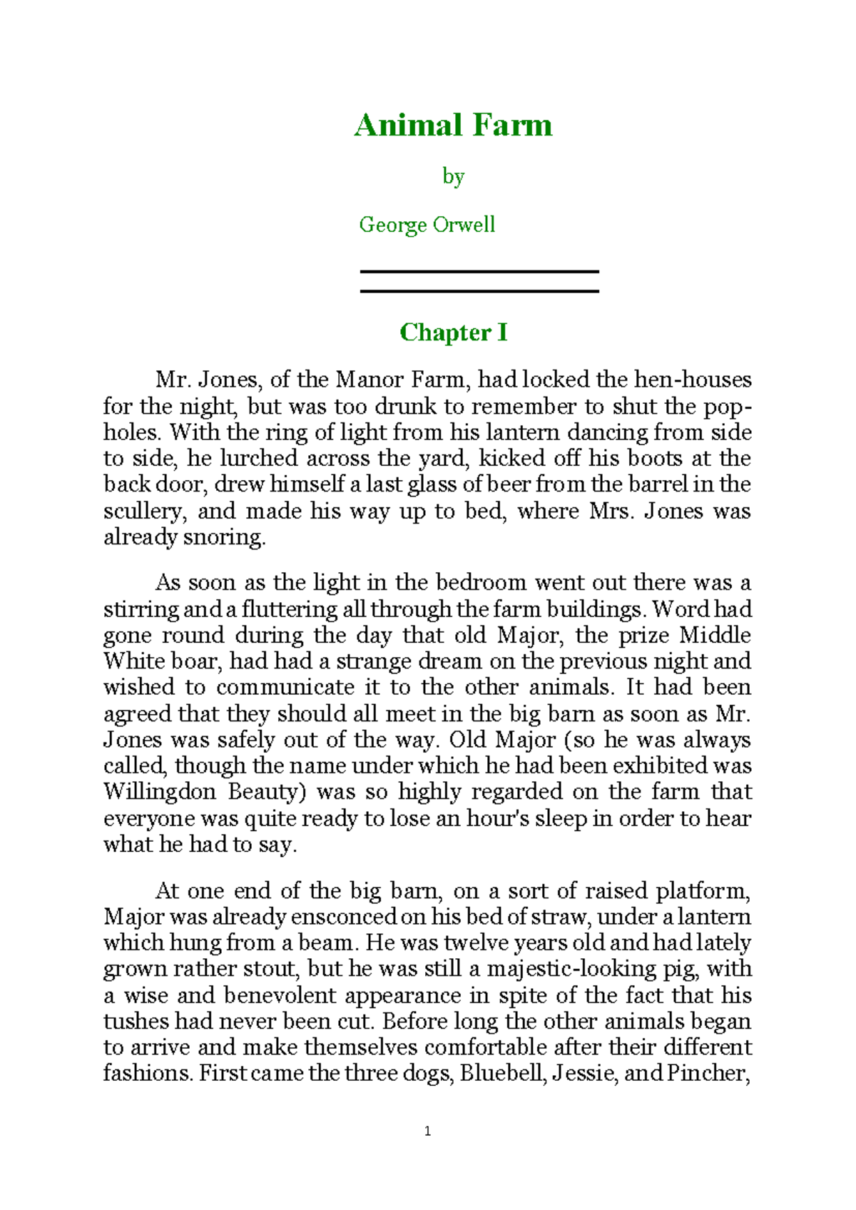 Animal Farm - Animal Farm by George Orwell Chapter I Mr. Jones, of the ...