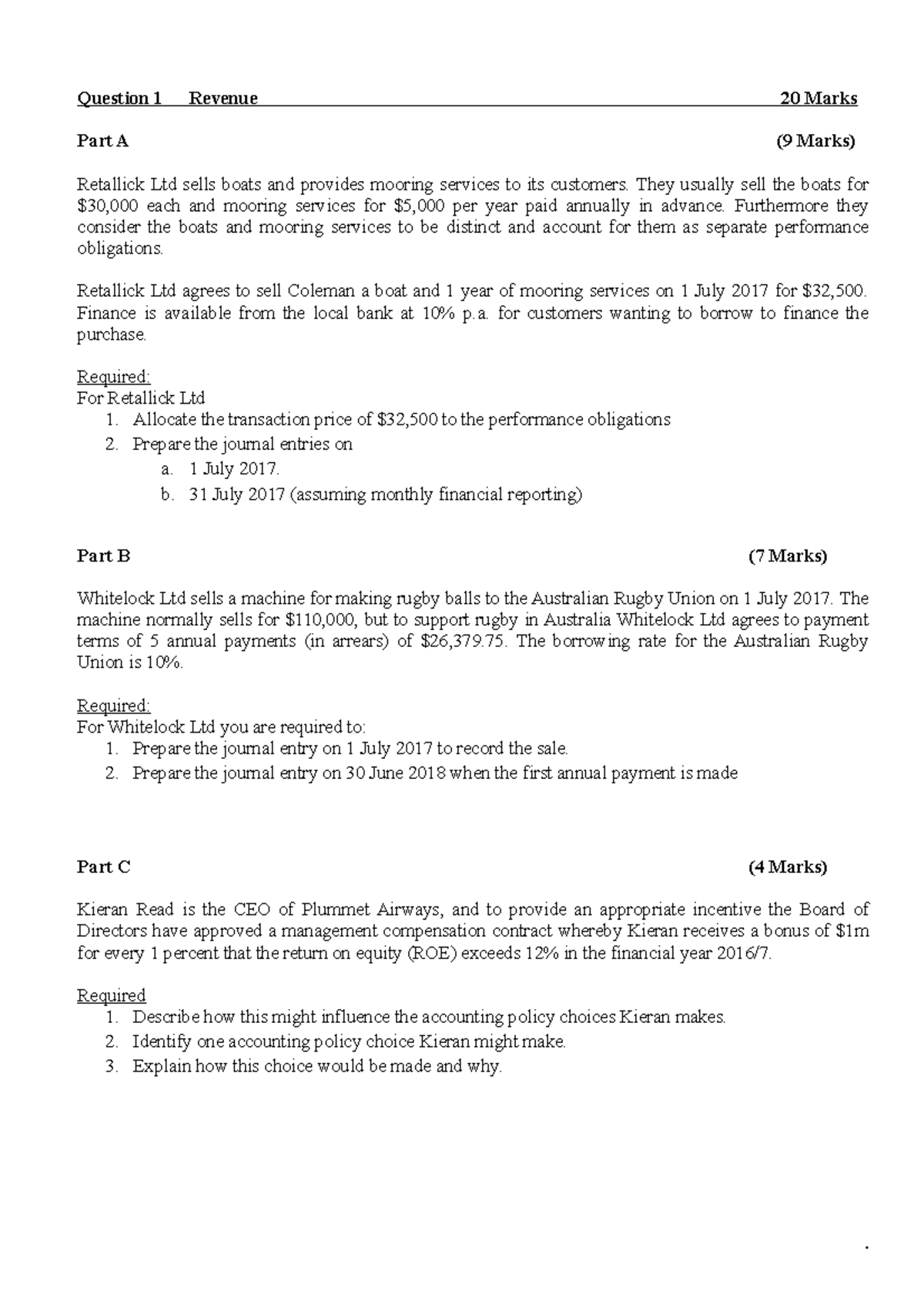 13-101 Sample exam 1 - Questions - Question 1 Revenue 20 Marks Part A ...