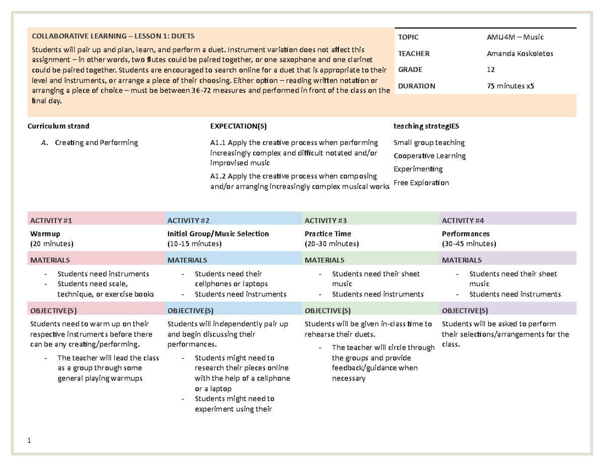 Lesson 1 - Duets - COLLABORATIVE LEARNING – LESSON 1: DUETS Students ...