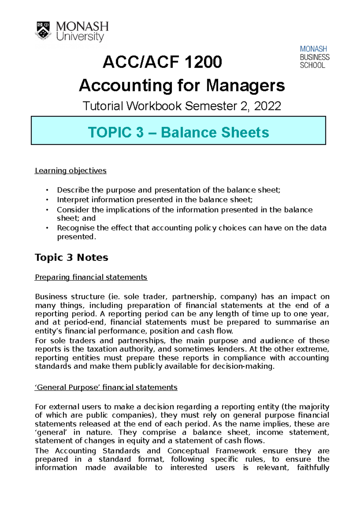 ACC ACF1200 Workbook Topic 3 - ACC/ACF 1200 Accounting for Managers ...