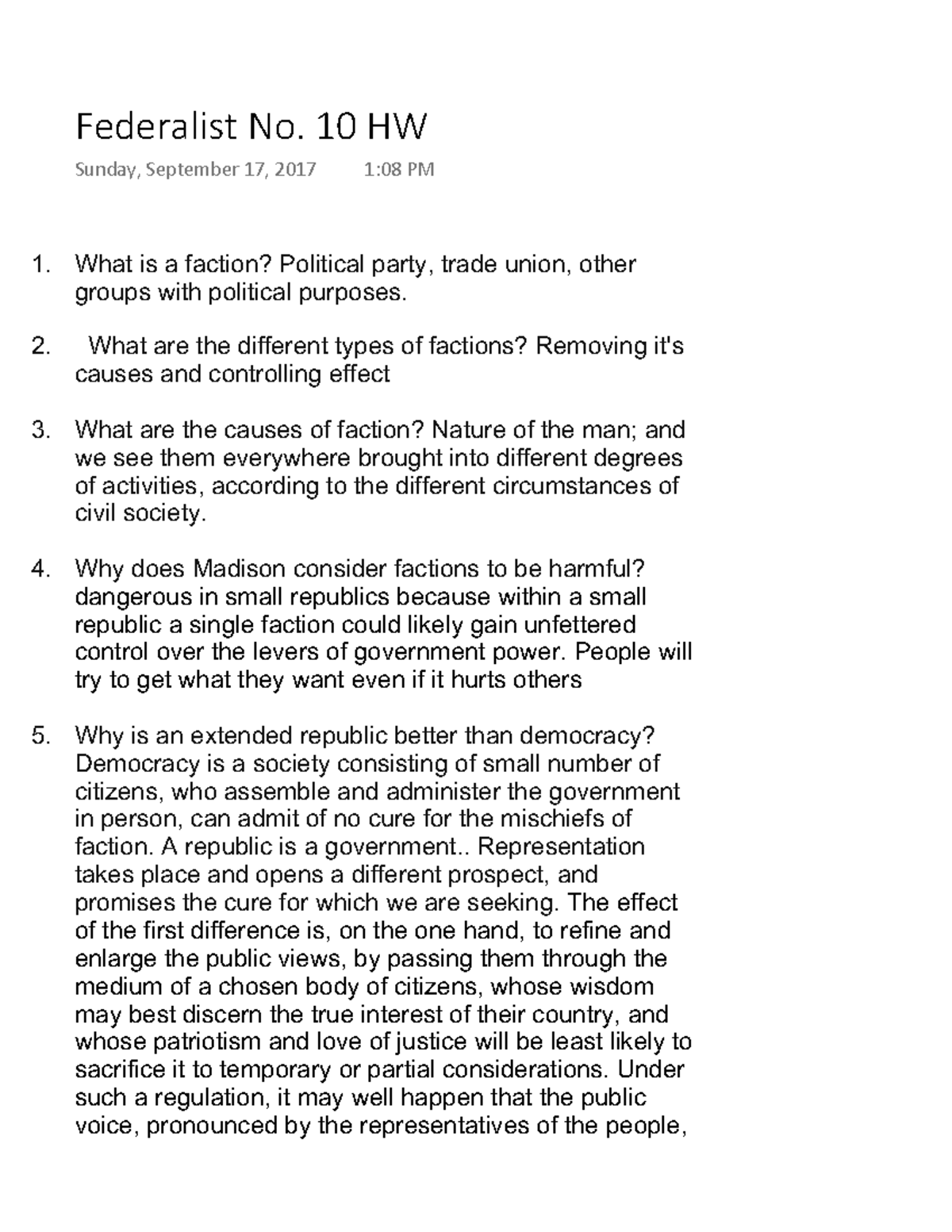 Federalist No. 10 HW - No. 10 HW summaries - Warning: TT: undefined ...