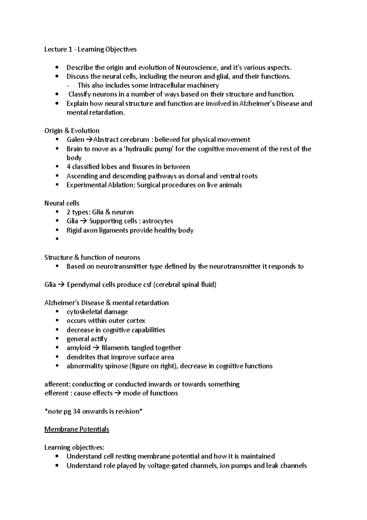 Neuroscience Lecture Notes[ 4245] - Lecture 1 - Learning Objectives ...