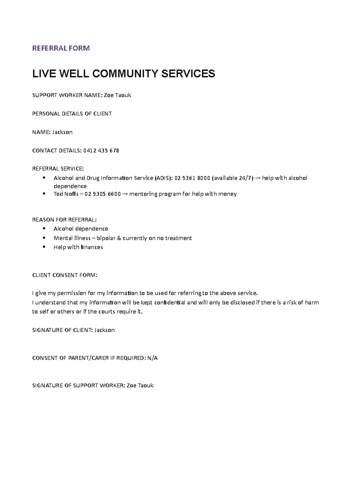 Referral form summation - REFERRAL FORM LIVE WELL COMMUNITY SERVICES ...