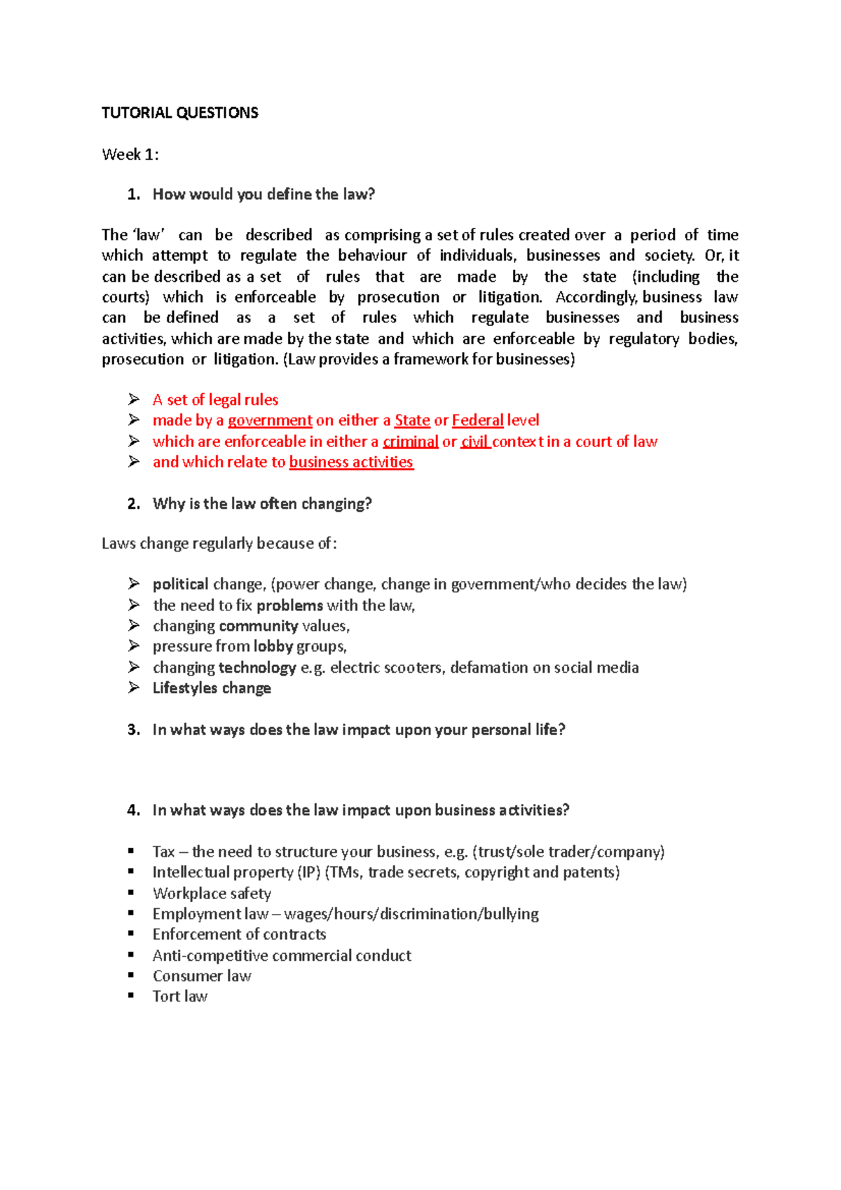 Tutorial Questions - Lecture notes on business law - TUTORIAL QUESTIONS ...