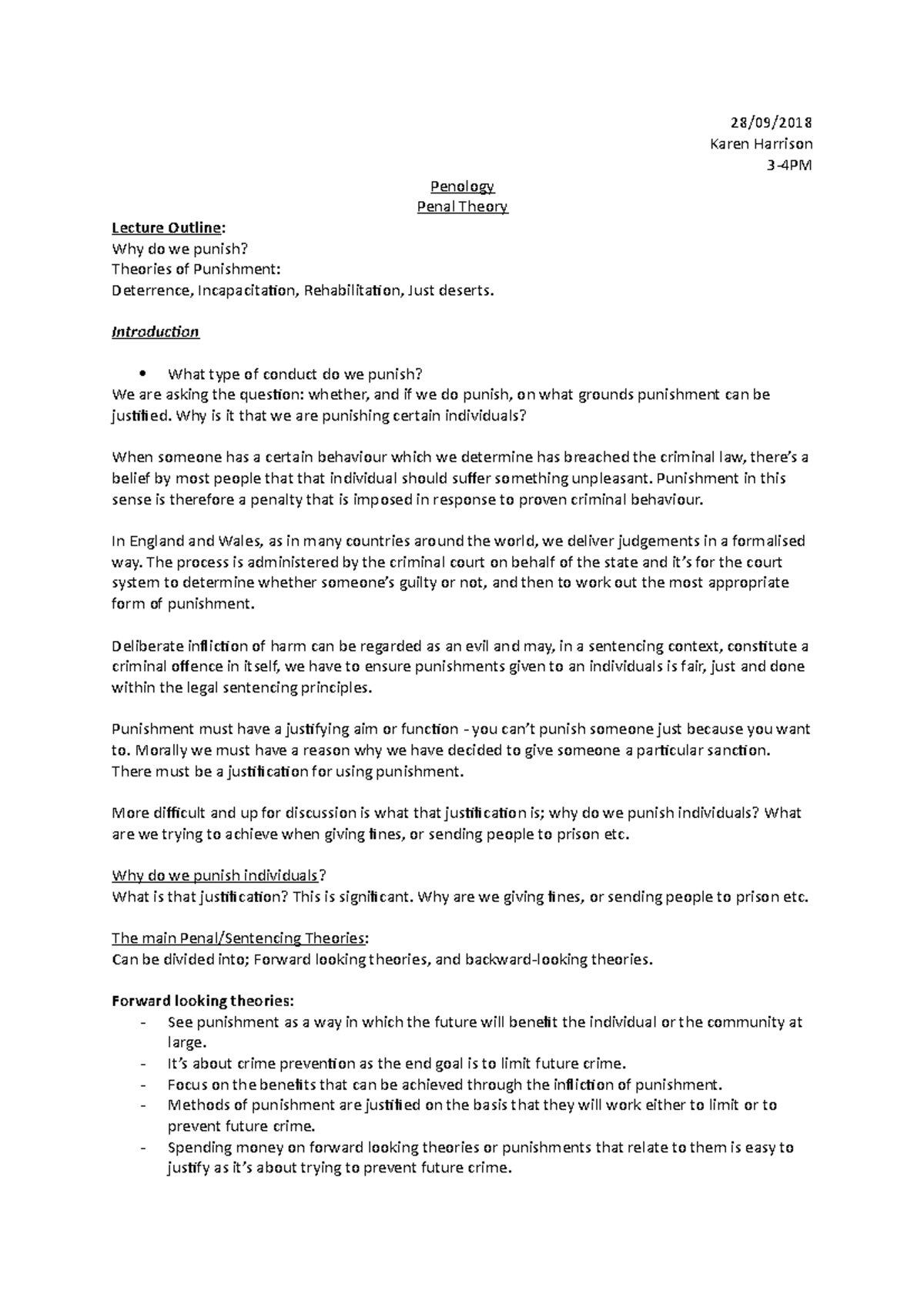 L2 Penology - Lecture notes 2 - 28/09/ Karen Harrison 3-4PM Penology ...