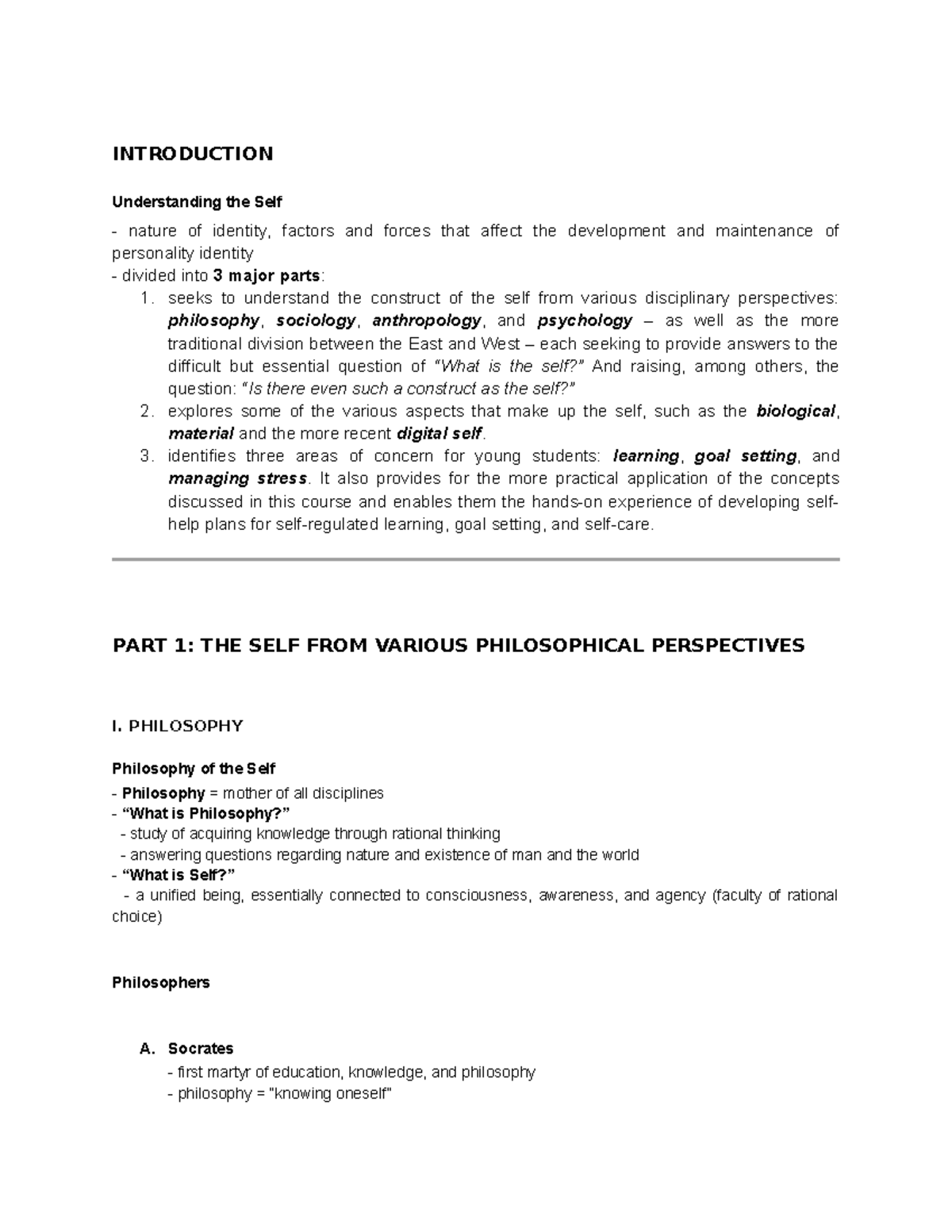 Understanding the Self Notes, Reviewers, Readings - INTRODUCTION ...