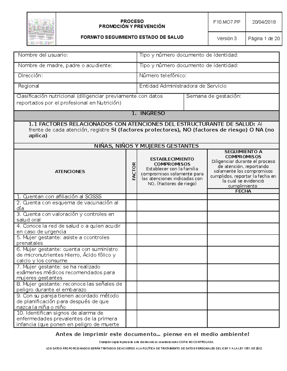 F10 - NIN - PROMOCIÓN Y PREVENCIÓN FORMATO SEGUIMIENTO ESTADO DE SALUD ...
