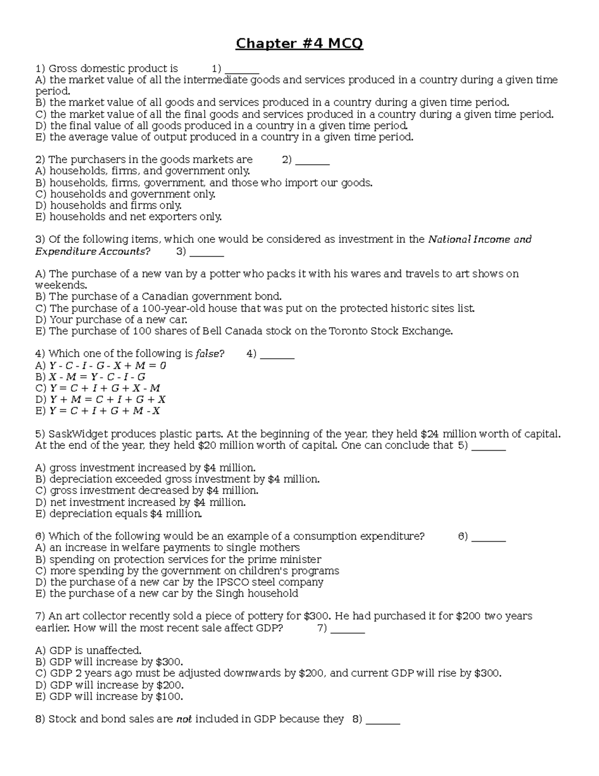Chapter 4 MCQ - Good Notes - Chapter #4 MCQ Gross domestic product is 1 ...