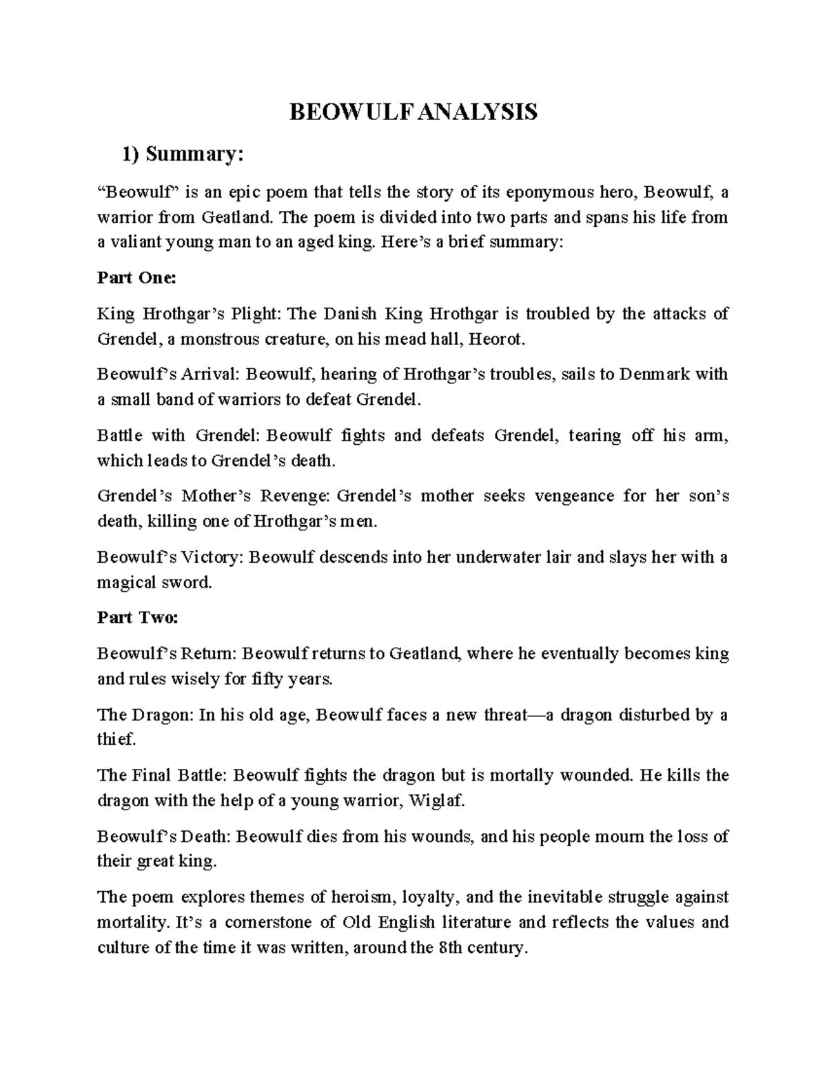 Beowulf Analysis - BEOWULF ANALYSIS 1) Summary: “Beowulf” is an epic ...