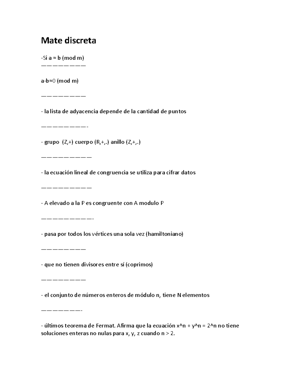 Mate discreta - Resumen - Mate discreta -Si a ≈ b (mod m)———————— a-b≈0 ...