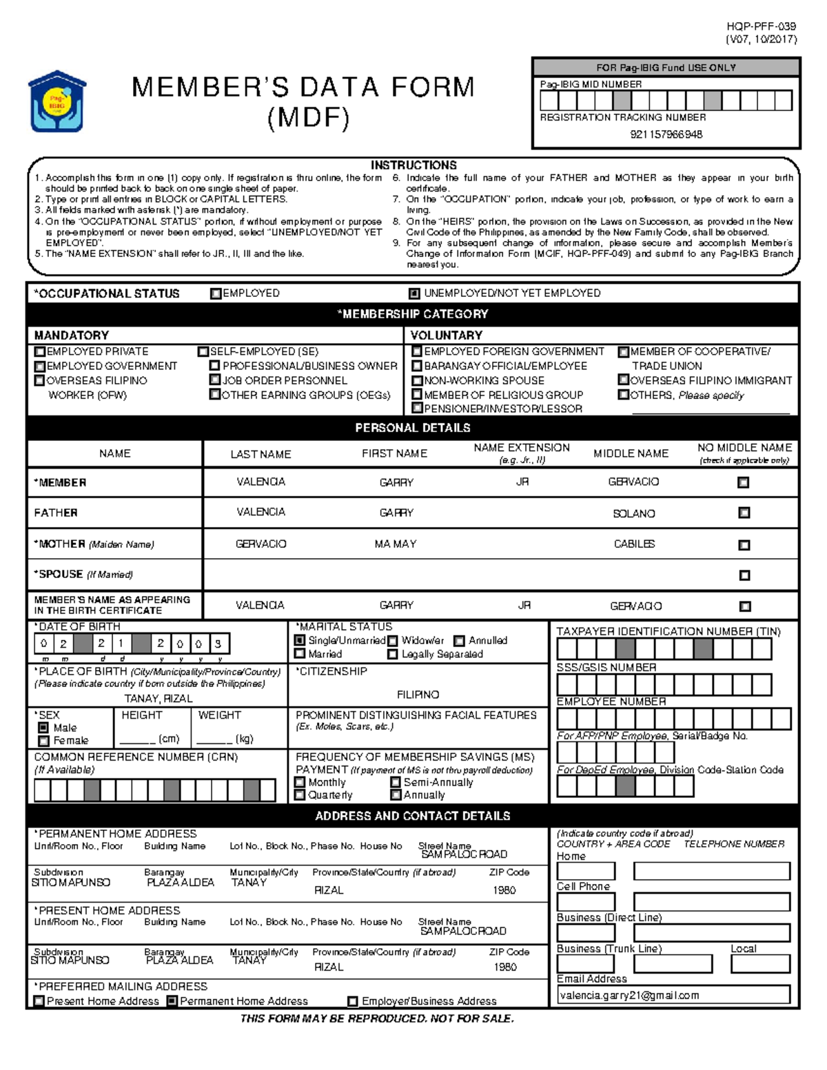 Garrymdf - Example of mdf - MEMBER’S DATA FORM (MDF) FOR Pag-IBIG Fund ...