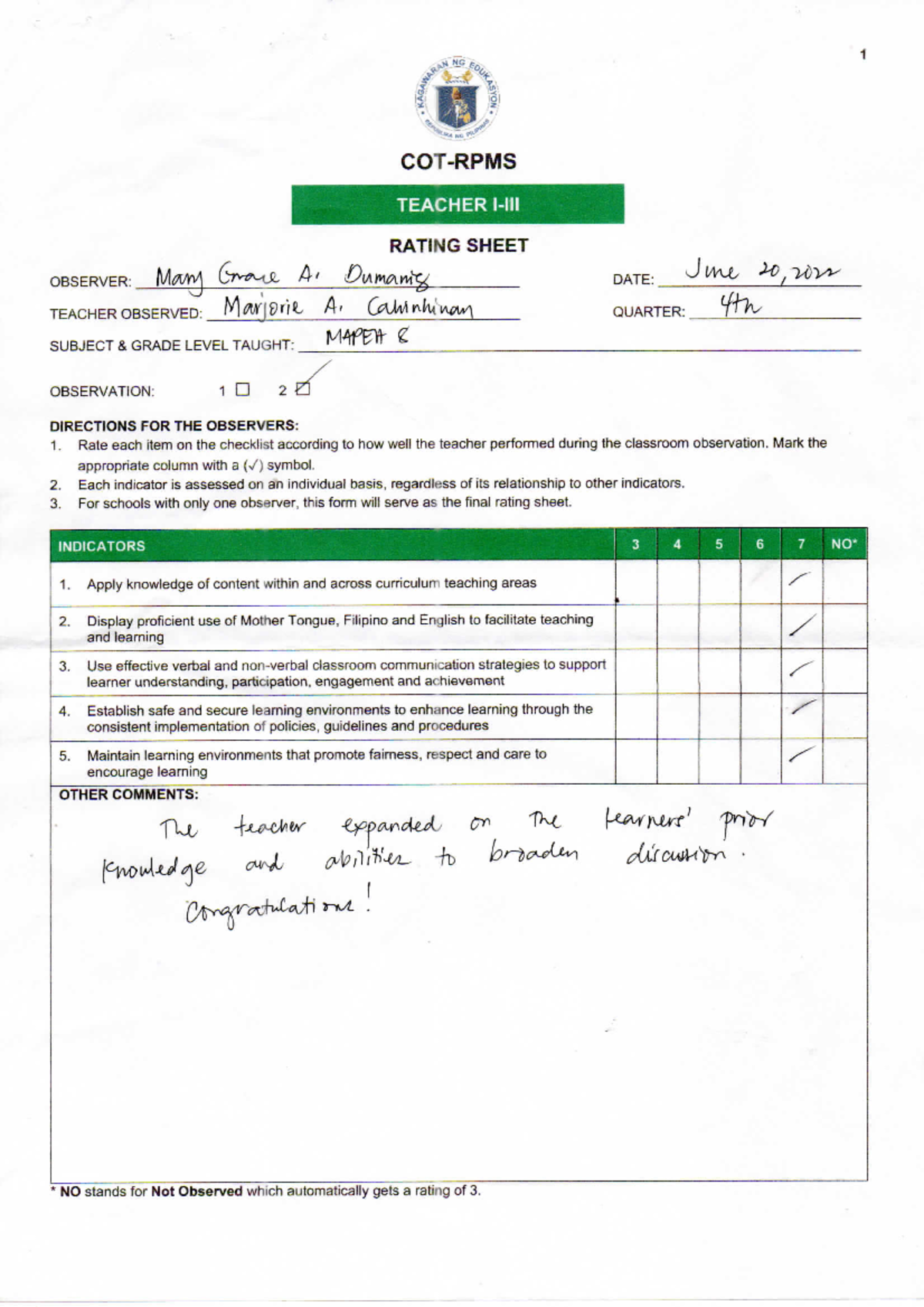 COT RPMS RATING - Elementary Education - Studocu