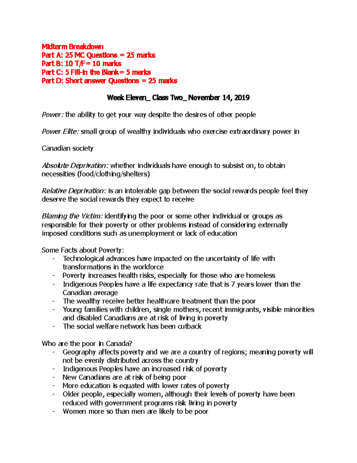 Week 11 Class 2 Nov 14 - Lecture notes Week 11, lecture two - Midterm ...