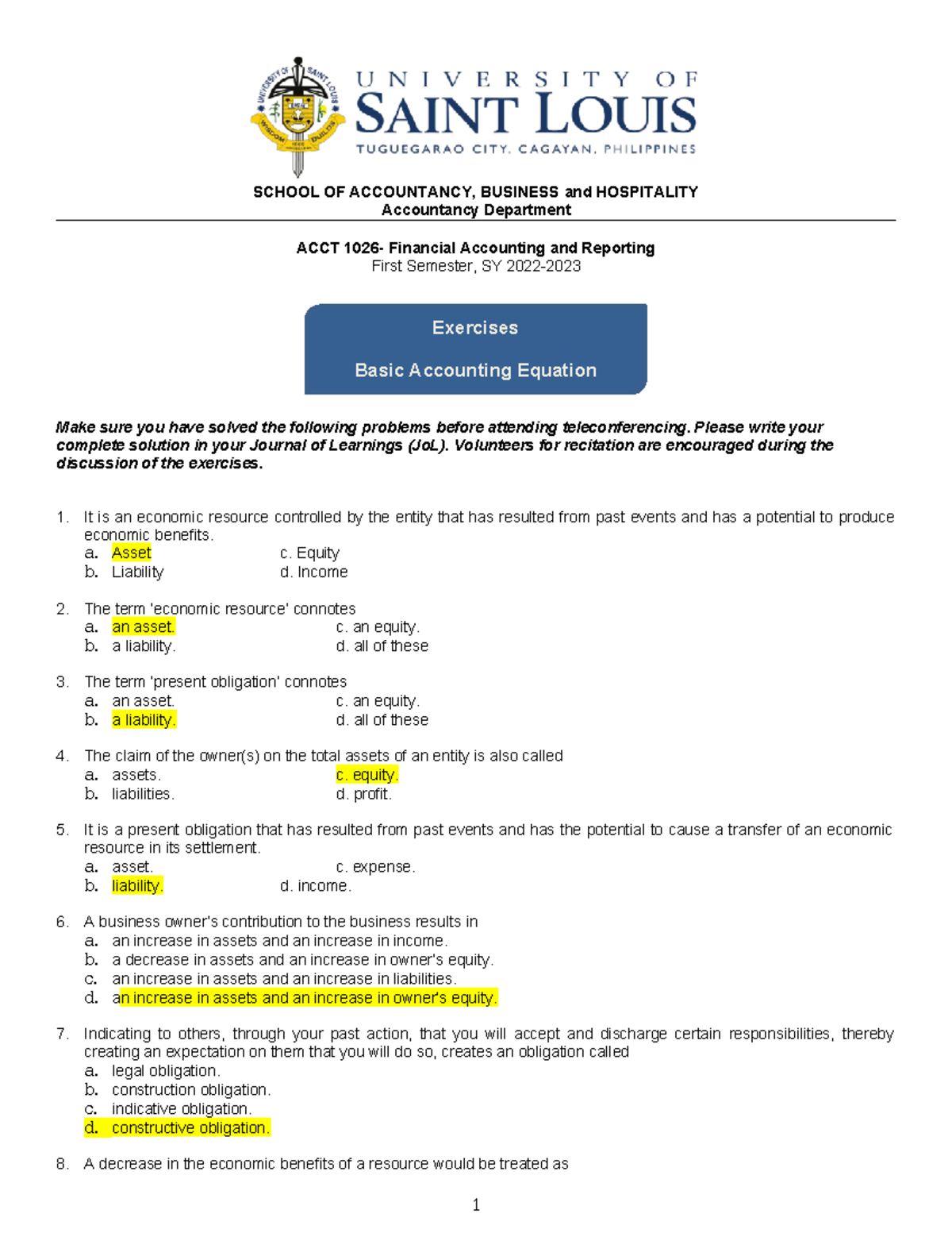 1 Exercises with Answer - Lesson 1 - Basic Accounting Equation - SCHOOL ...