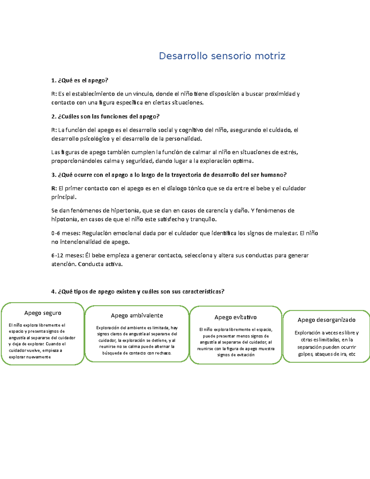 Desarrollo sensorio motriz - Desarrollo sensorio motriz ¿Qué es el apego? R: Es el ...