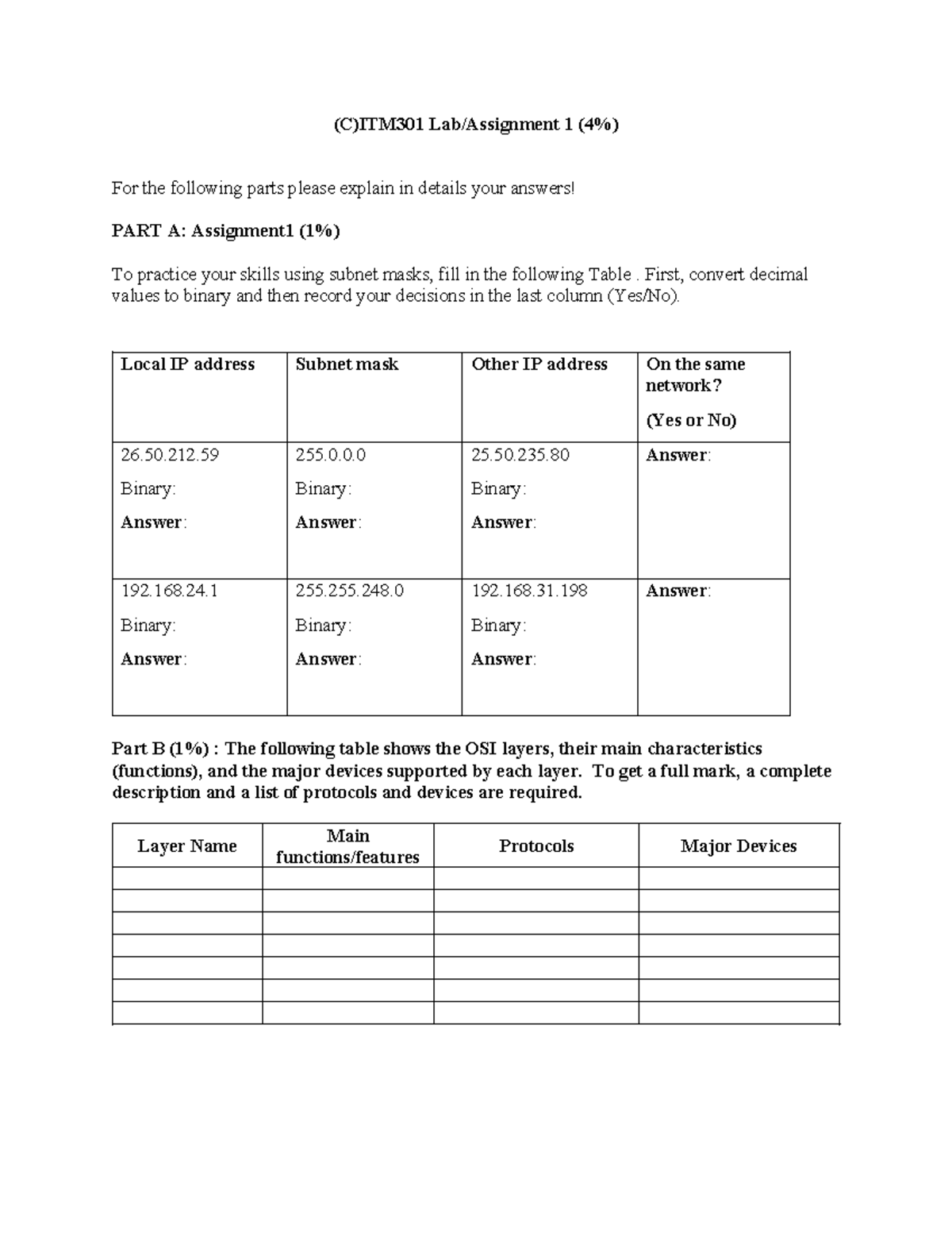 ITM301 Lab Assignment 1 2024 - (C)ITM301 Lab/Assignment 1 (4%) For the following parts please ...