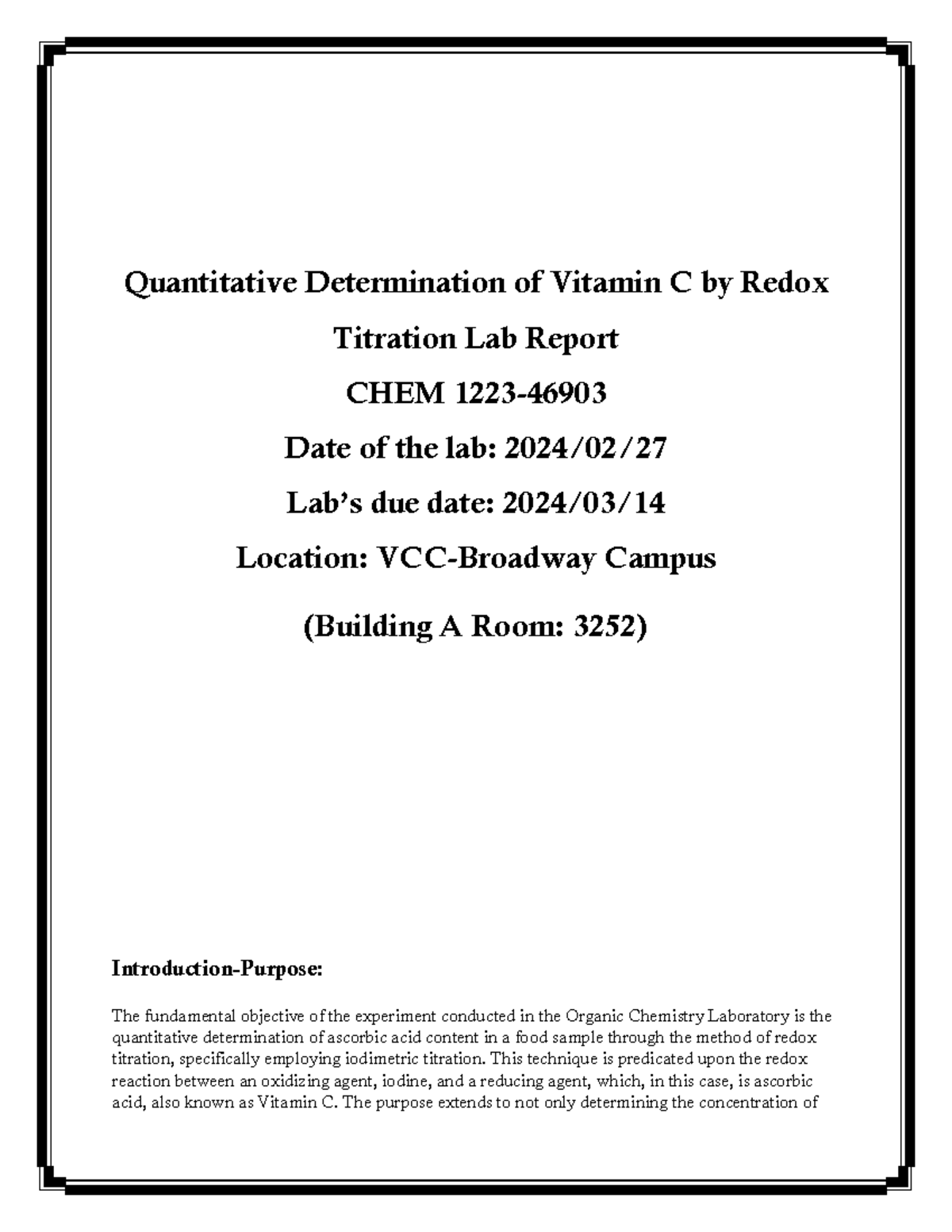 Quantitative Determination of Vitamin C by Redox Titration Lab Report ...
