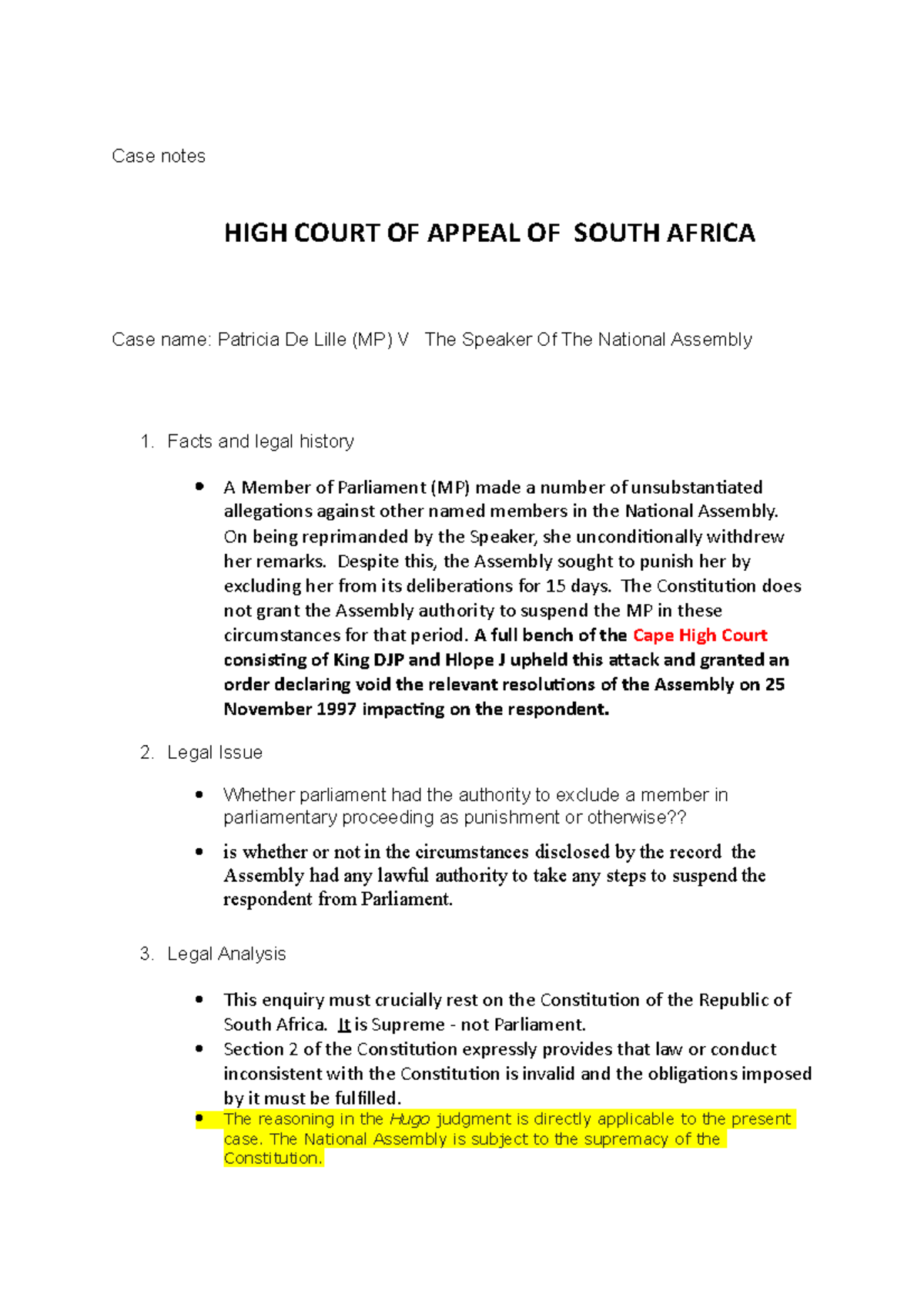 Case notes Patricia De Lille case - Case notes HIGH COURT OF APPEAL OF ...