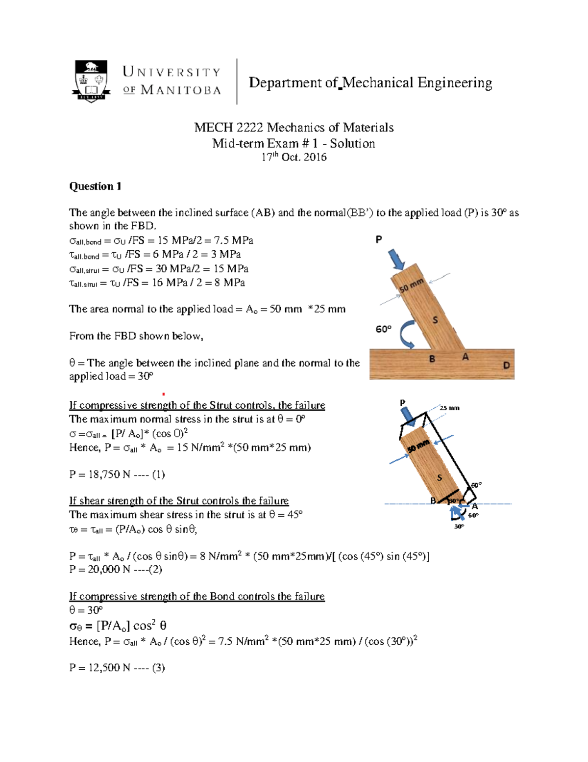 Mid-term Exam-I - 2016-Solution - MECH 2222 Mechanics of Materials Mid-term Exam # 1 - Solution ...