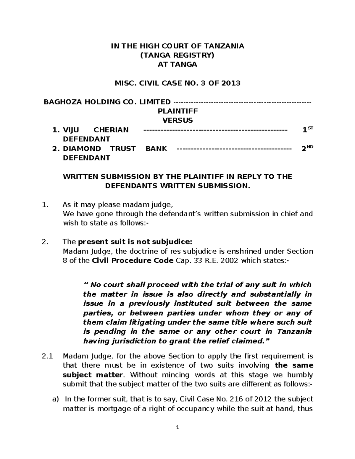 Written Submission BY THE Plaintiff-Aggrey wakili - IN THE HIGH COURT OF TANZANIA (TANGA ...