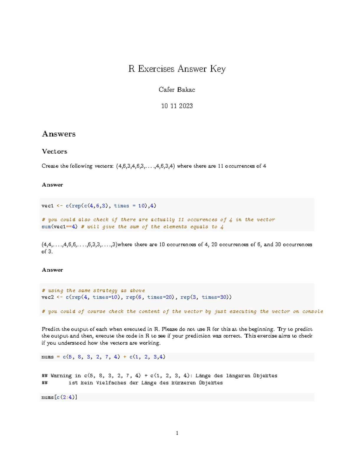 Exercises Answer-Key - Exercise 1 key - R Exercises Answer Key Cafer ...