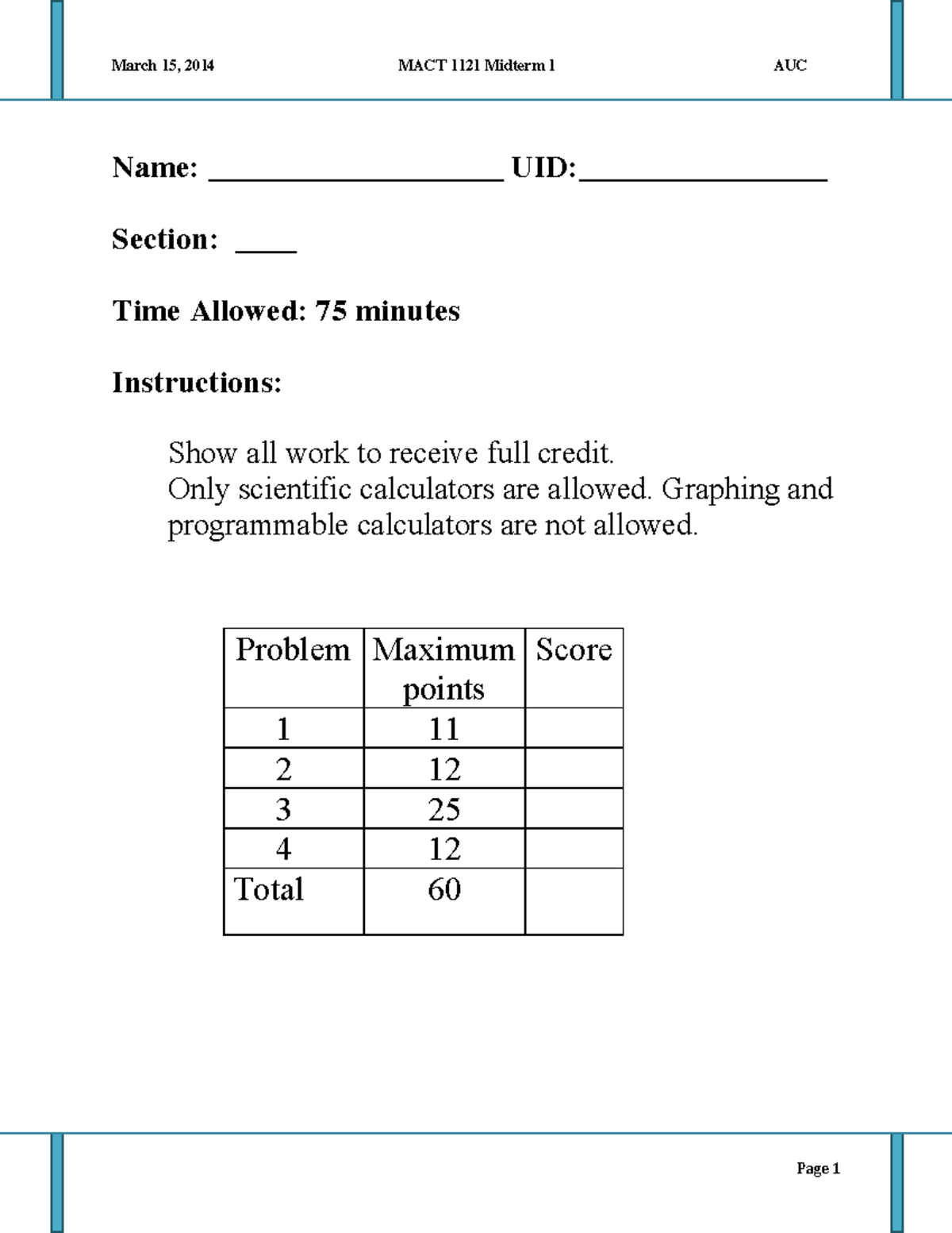 Mact 1121, Spring 2014 , Midterm 1 - Name: ___________________ UID ...