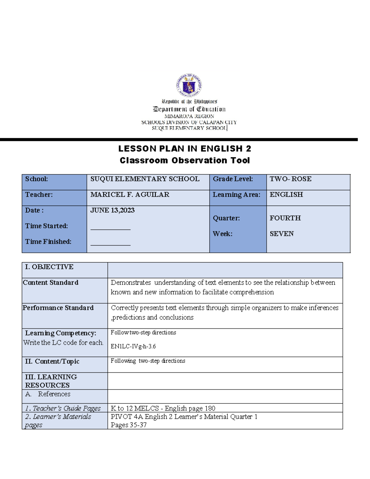 Q4 English 2ND COT 2023 - LESSON PLAN IN ENGLISH 2 Classroom ...