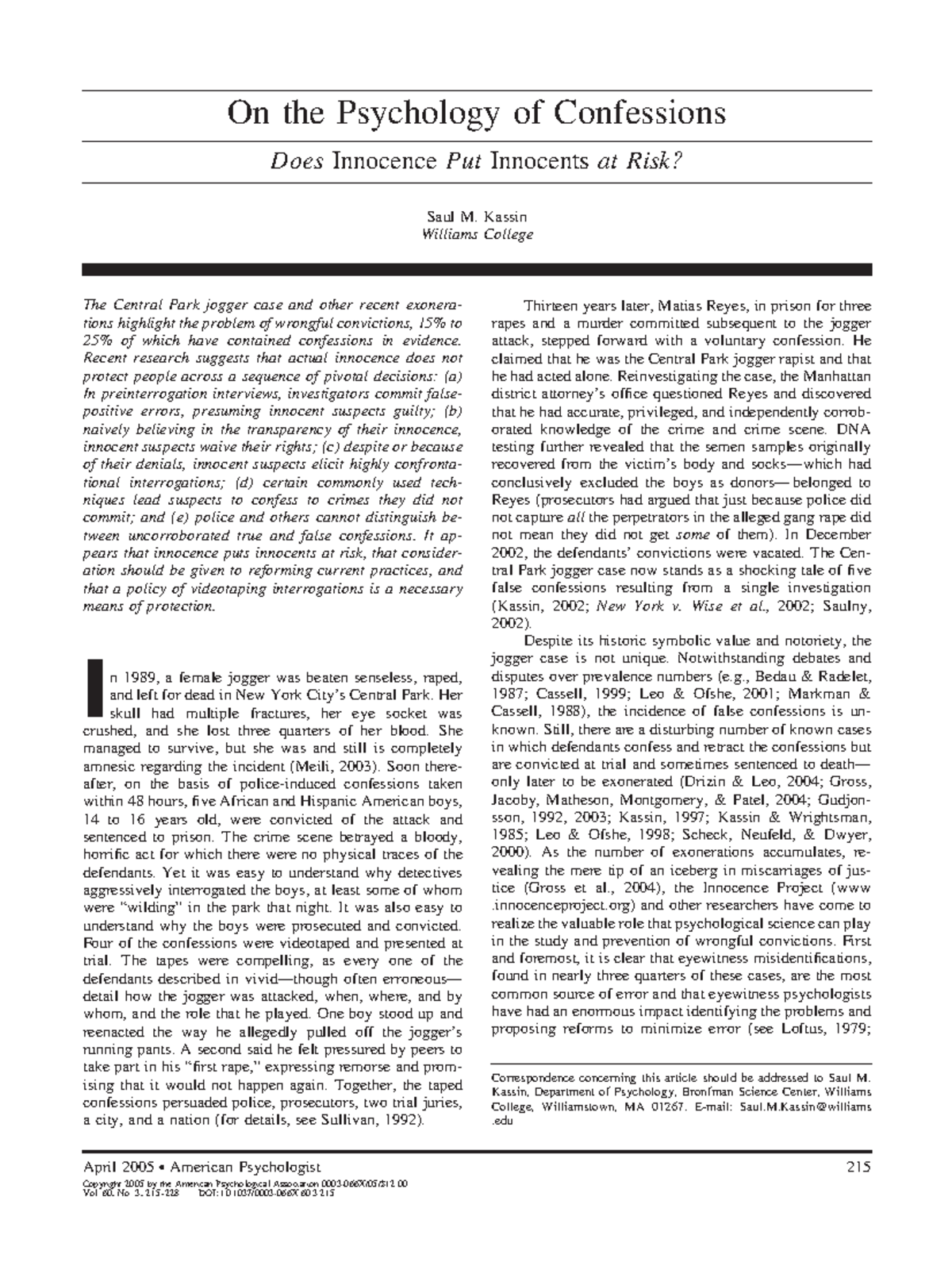 On the Psychology of Confessions - Kassin Williams College The Central ...