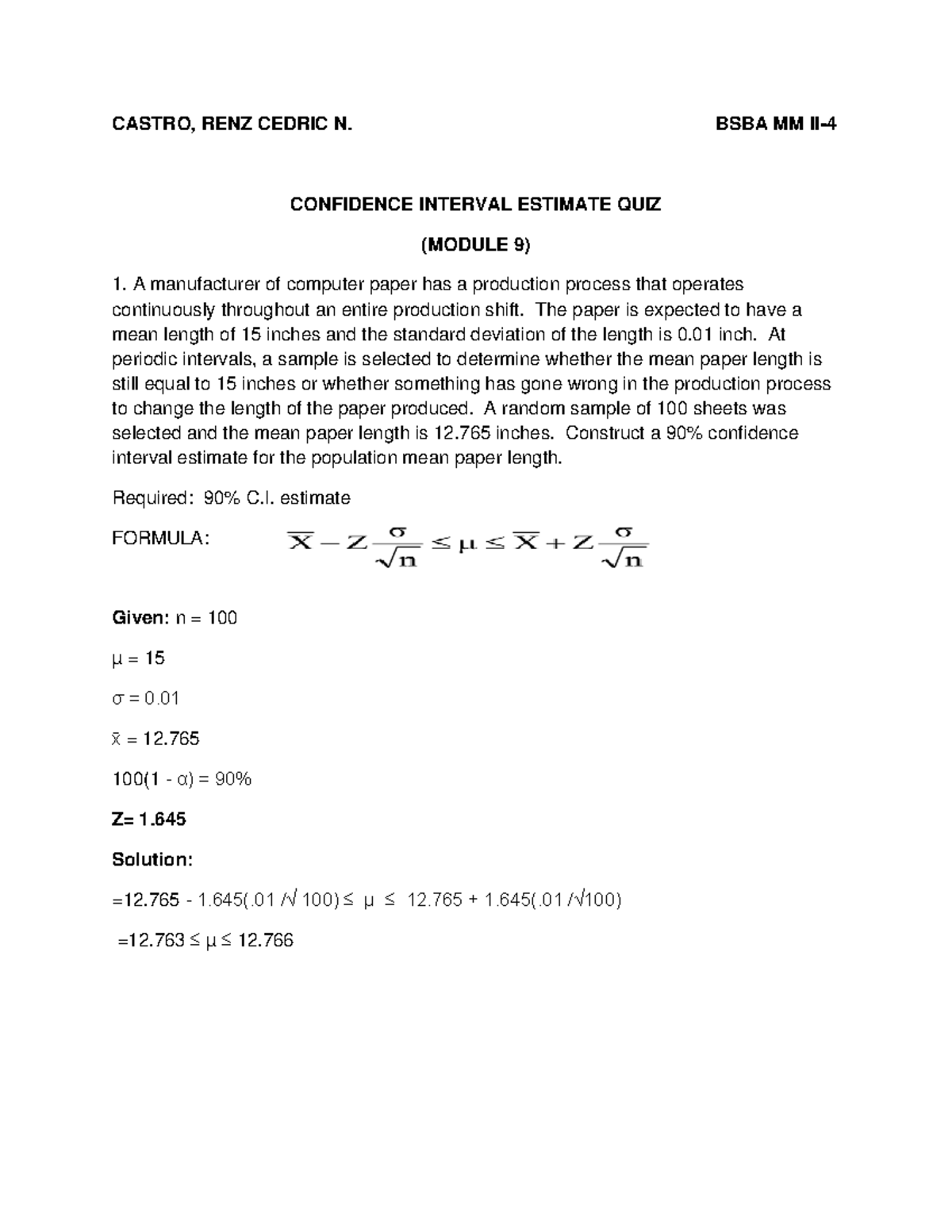 Castro QUIZ Module 9 STAT - CASTRO, RENZ CEDRIC N. BSBA MM II ...