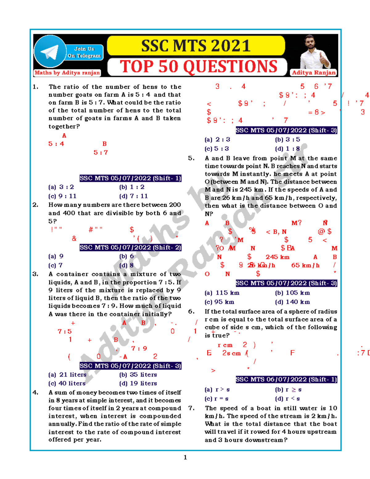 Top 50 questions of MTS 2021 - Maths by Aditya Ranjan sir The ratio of ...